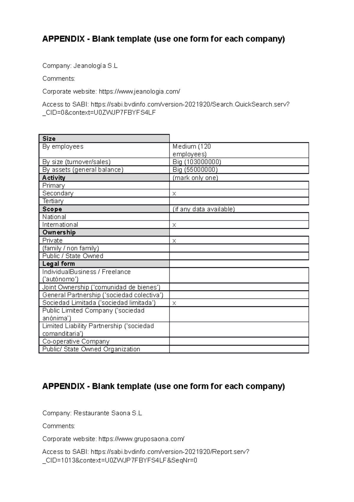 Tablas - Ejercicio - APPENDIX - Blank template (use one form for each ...