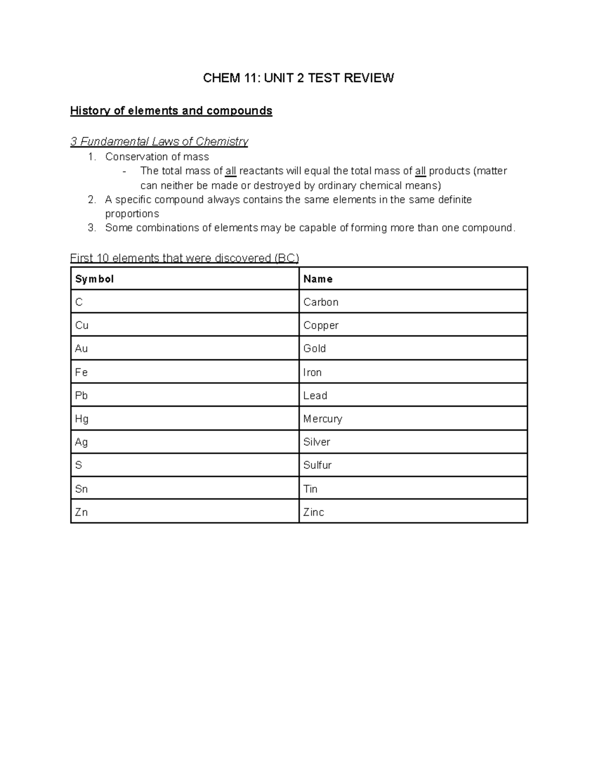 CHEM 11 : UNIT 2 TEST Review - CHEM 11: UNIT 2 TEST REVIEW History of ...