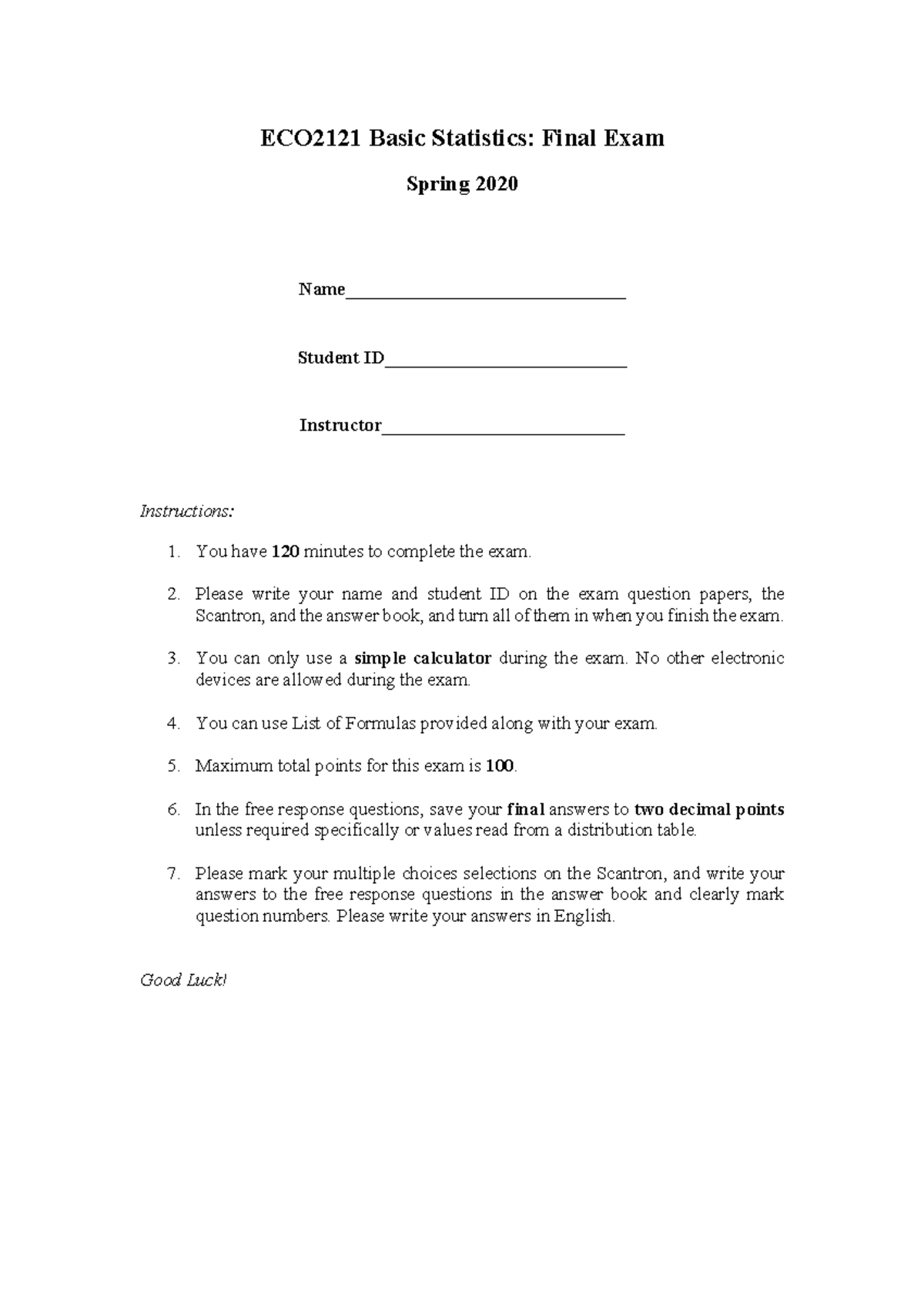 2020 Spring final - Answer - ECO2121 Basic Statistics: Final Exam ...