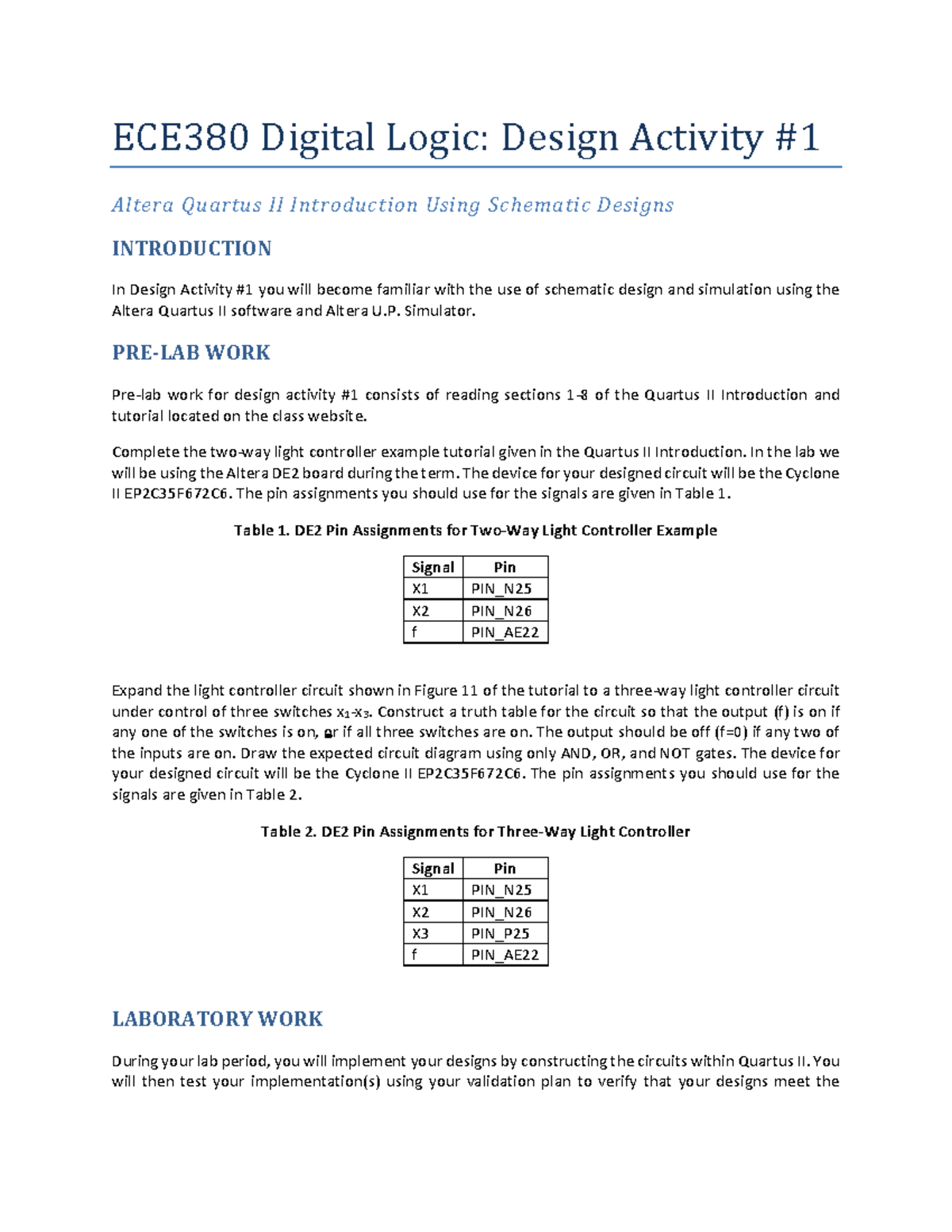 LAB 1 Monday, June 2, 2014 - ECE380 Digital Logic: Design Activity Altera Quartus II ...