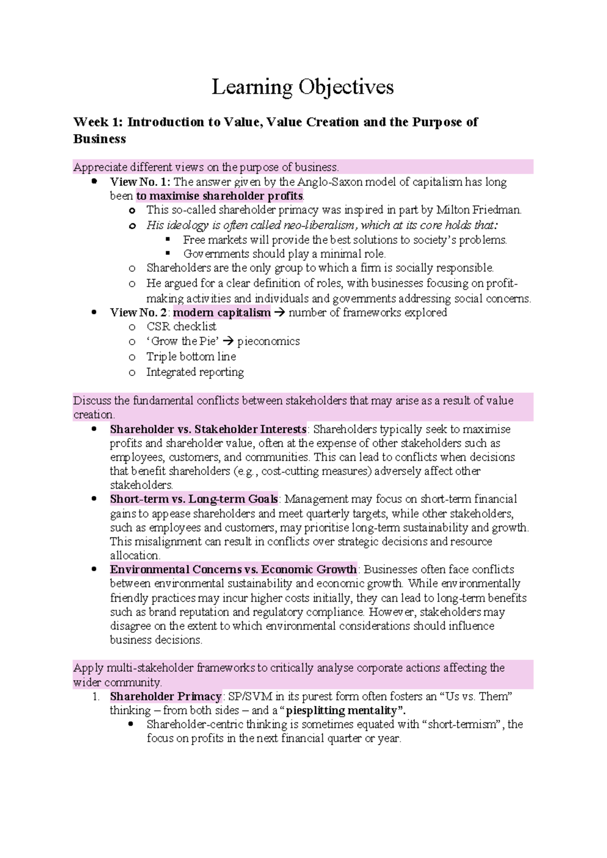 Learning Objectives - Learning Objectives Week 1: Introduction to Value, Value Creation and the ...