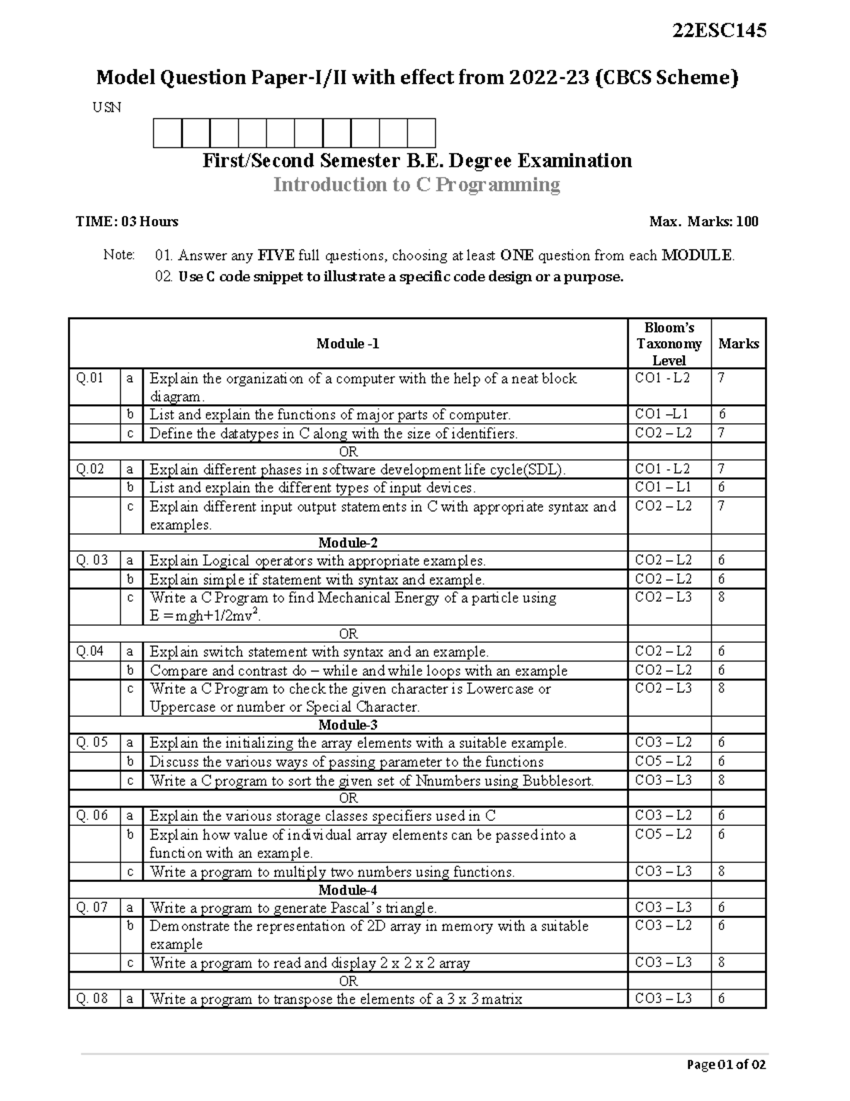 22ESC145set1 - Question paper - 22ESC Page 01 of 02 Model Question ...