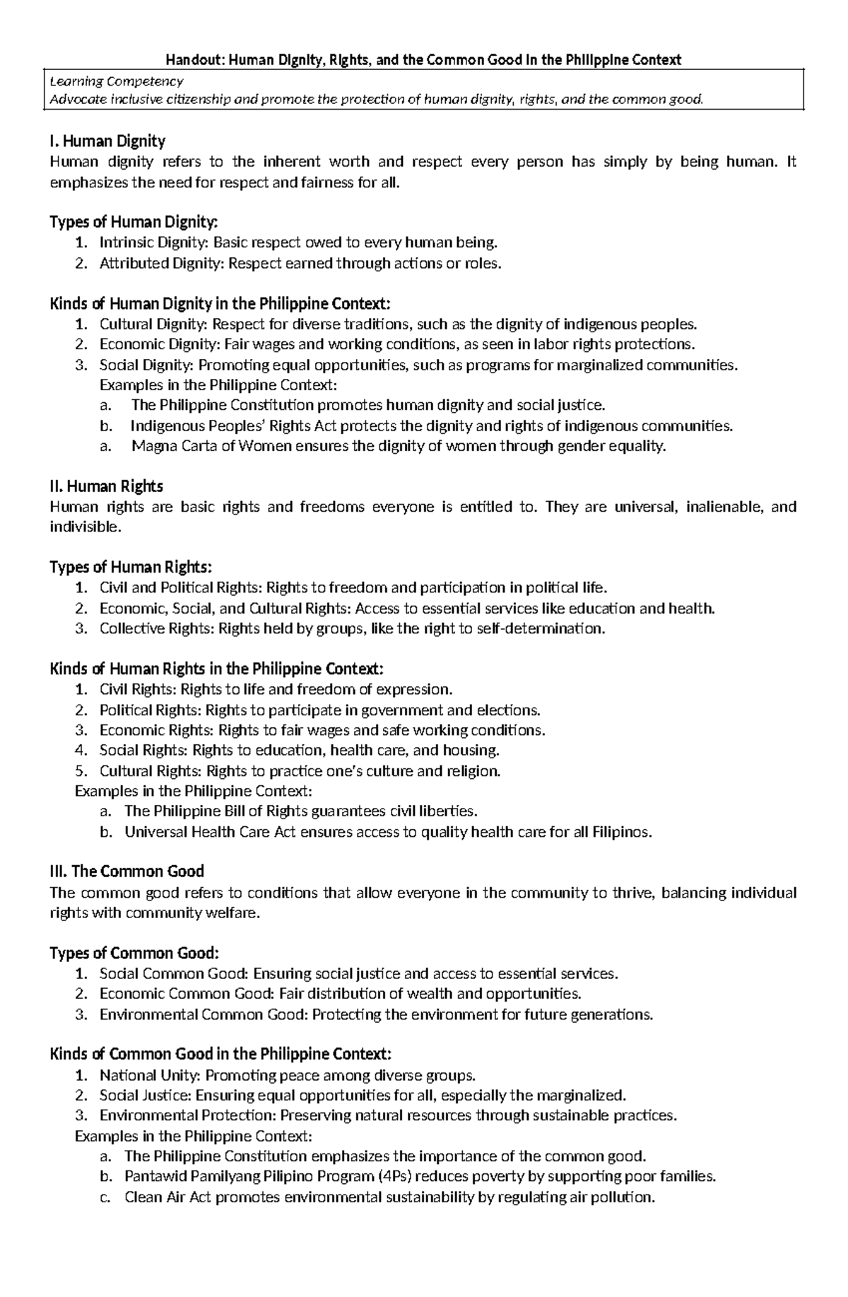 6 human dignity and common good - Handout: Human Dignity, Rights, and ...