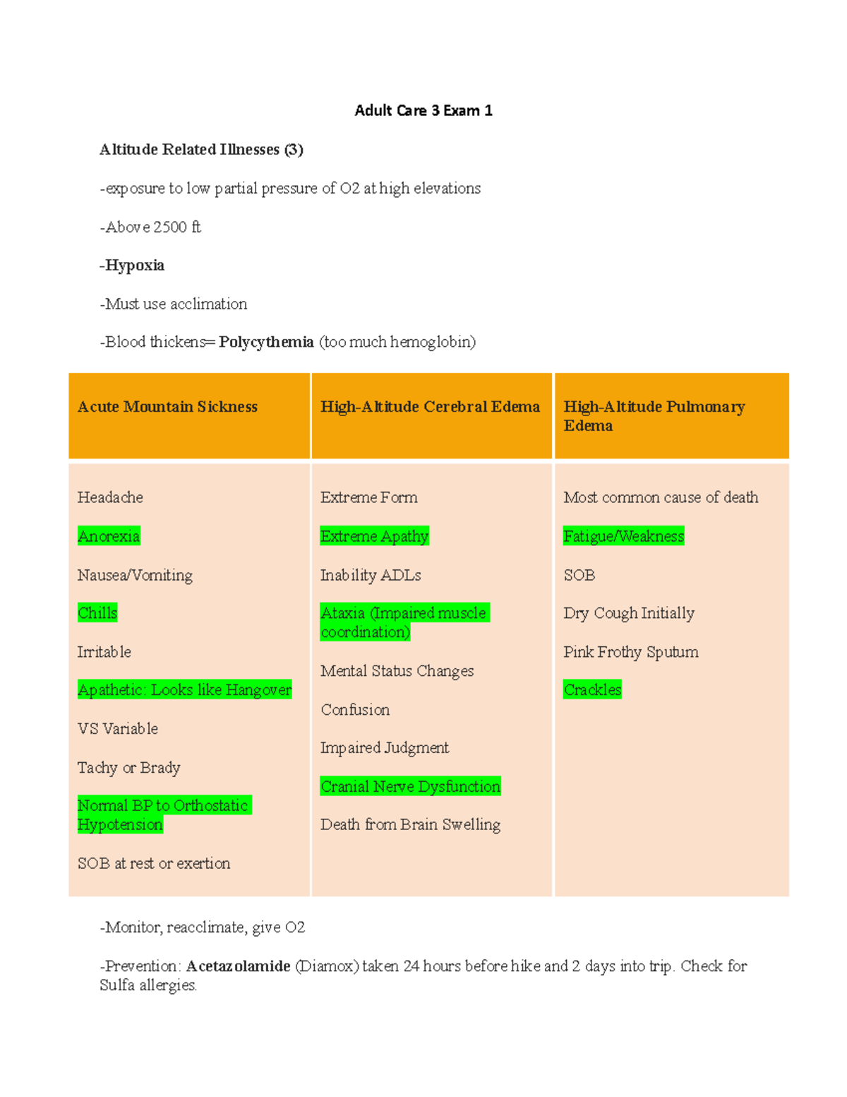 Adult Care 3 Exam 1 - Study guide - Adult Care 3 Exam 1 Altitude ...