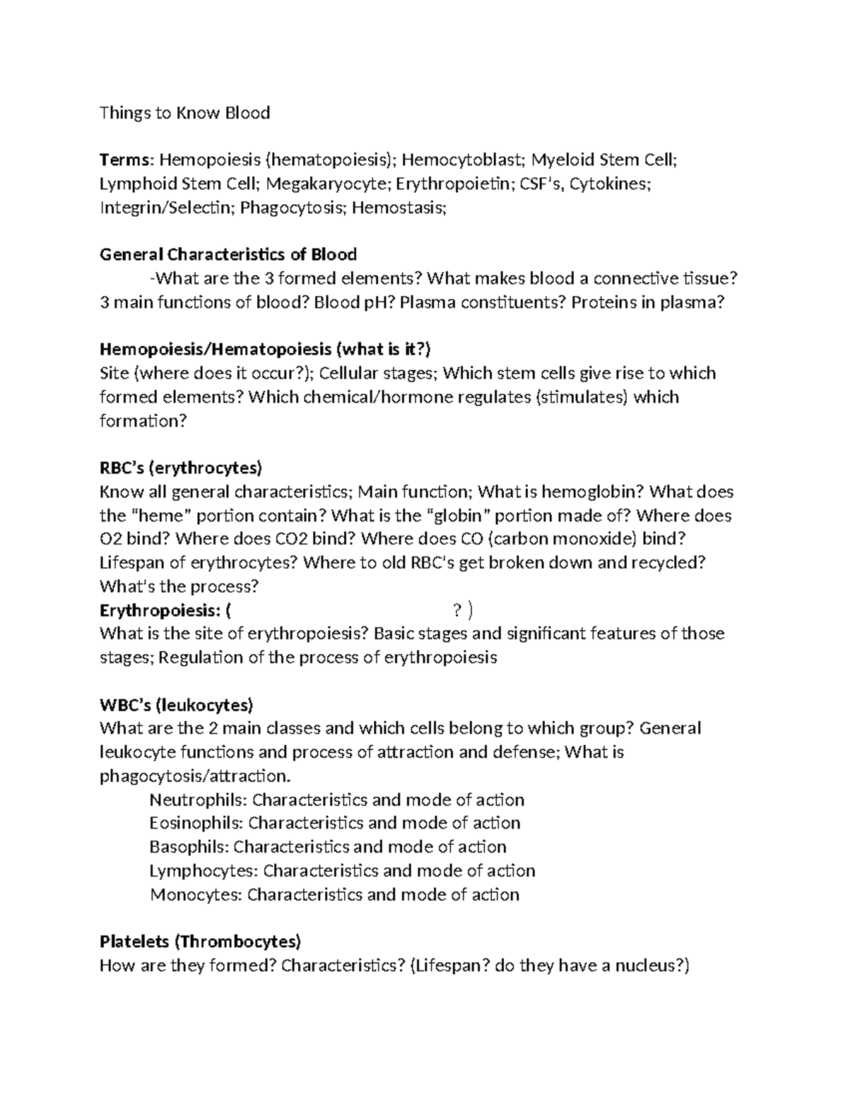 Blood Study Guide Outline CCC - Things to Know Blood Terms: Hemopoiesis ...
