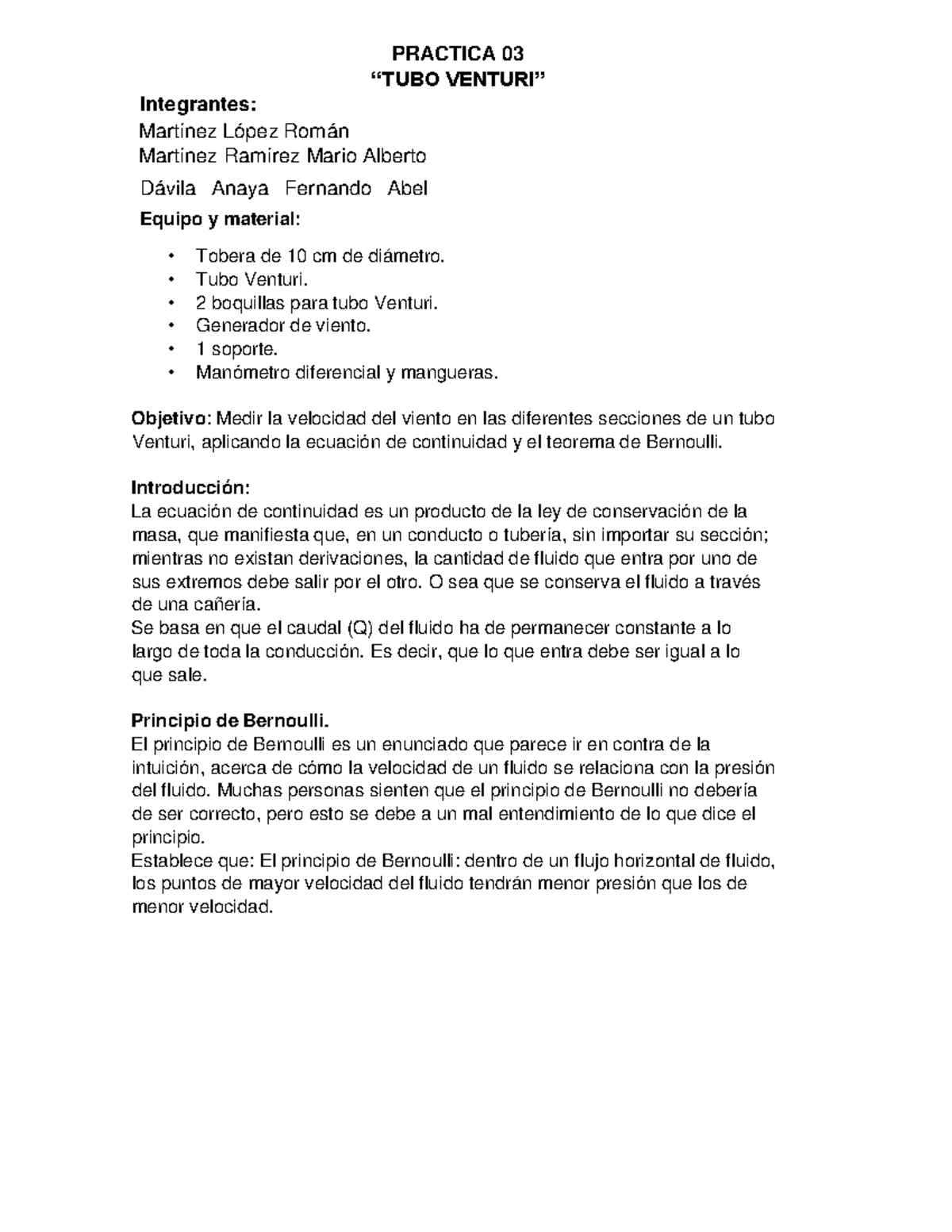 Practica-3-Venturi - Practica 3 venturi, de la materia dinamica de fluidos - PRACTICA 03 “TUBO ...