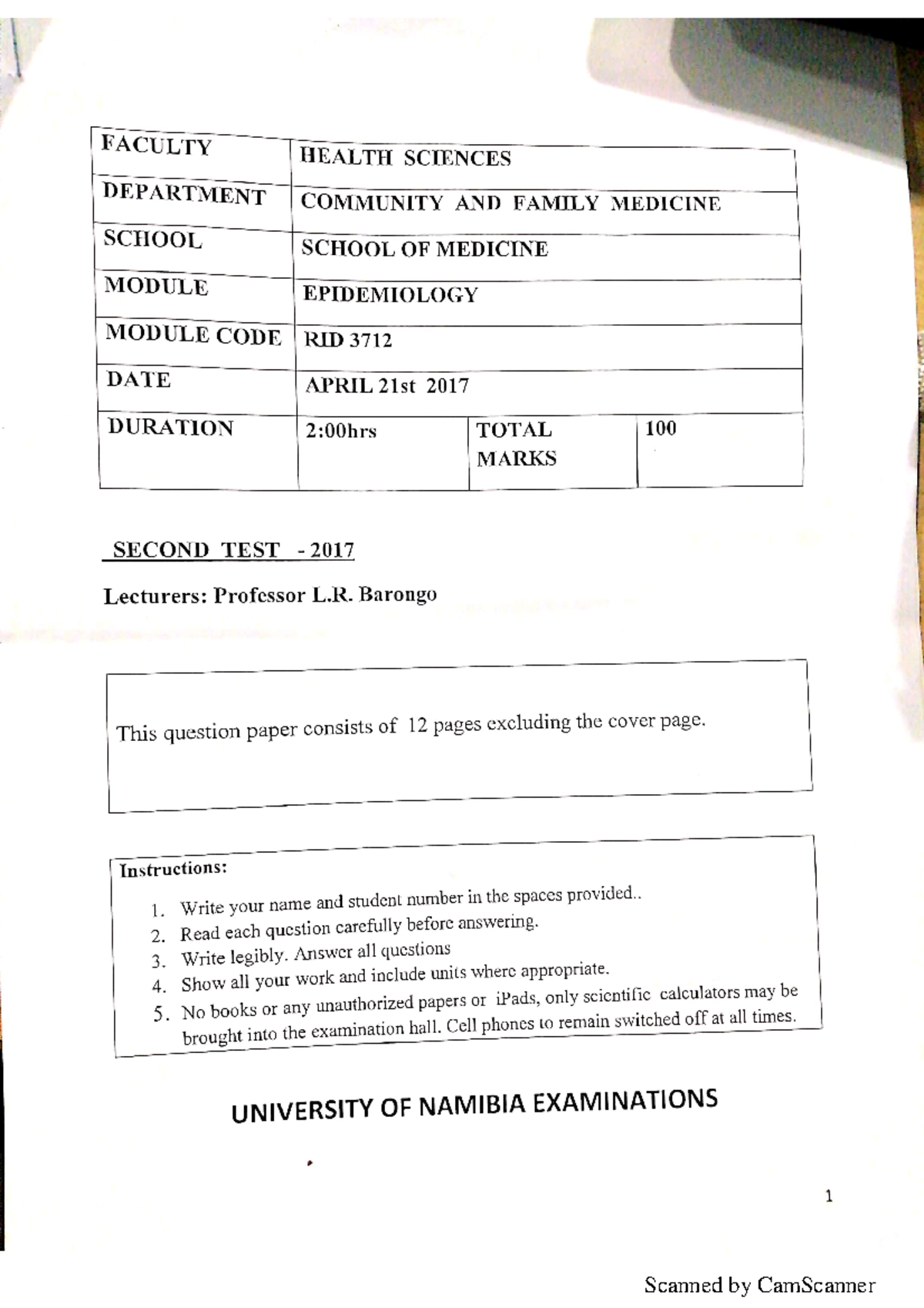 Epidemiology Test Questions For The Health Science Faculty
