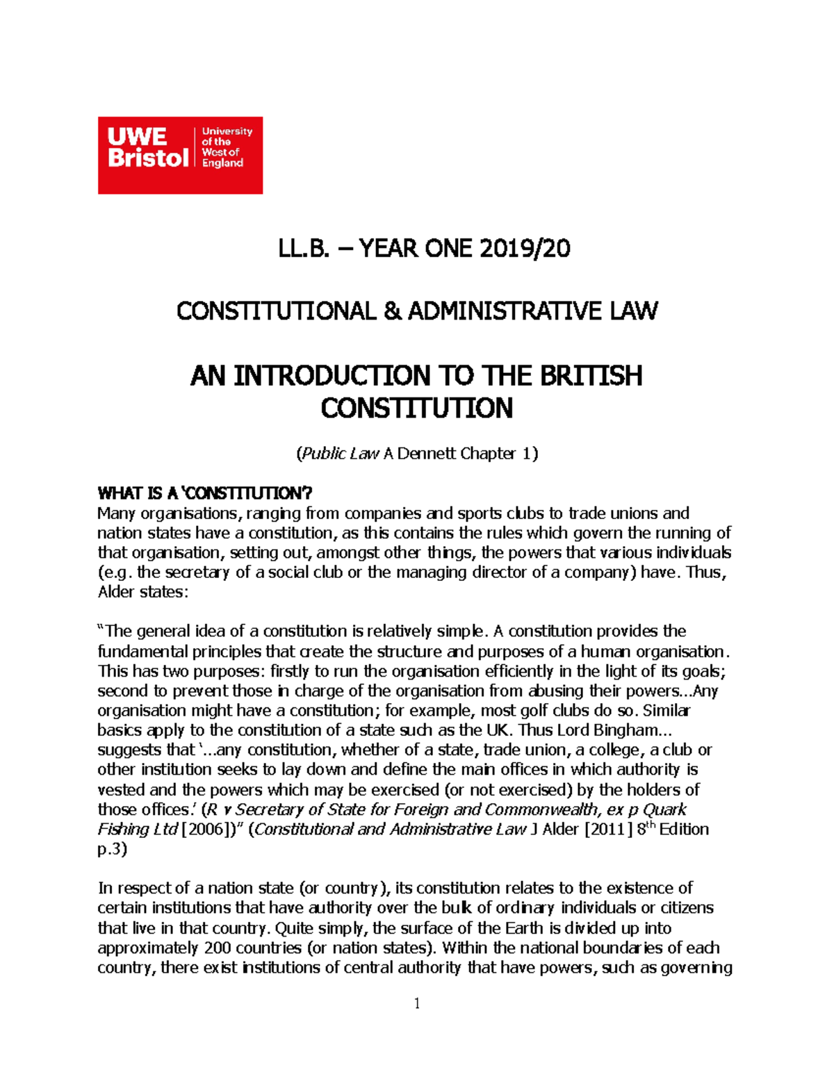 1 An Introduction to the British Constitution - LL. – YEAR ONE 2019 ...