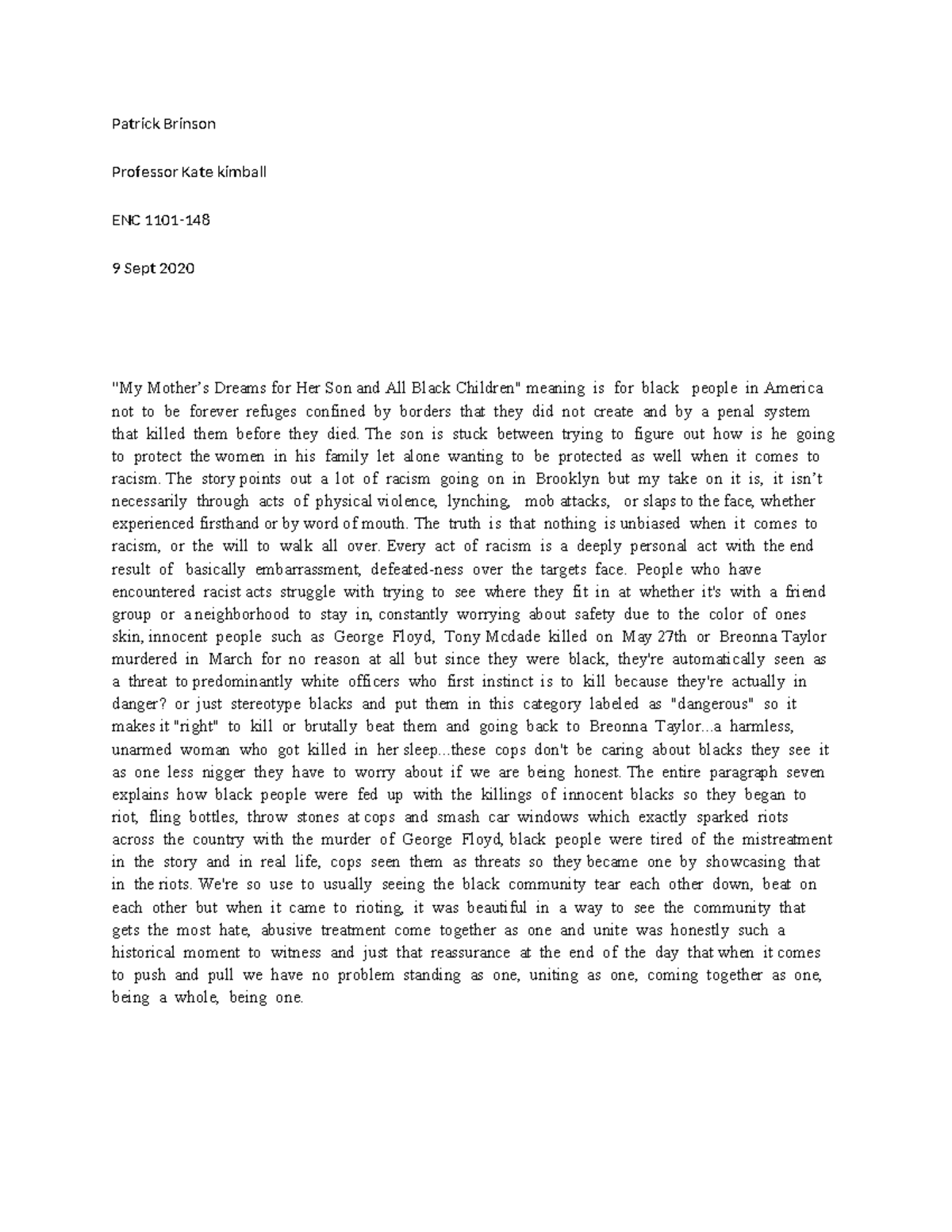 ENC 1101 summary assignment - Patrick Brinson Professor Kate kimball ...
