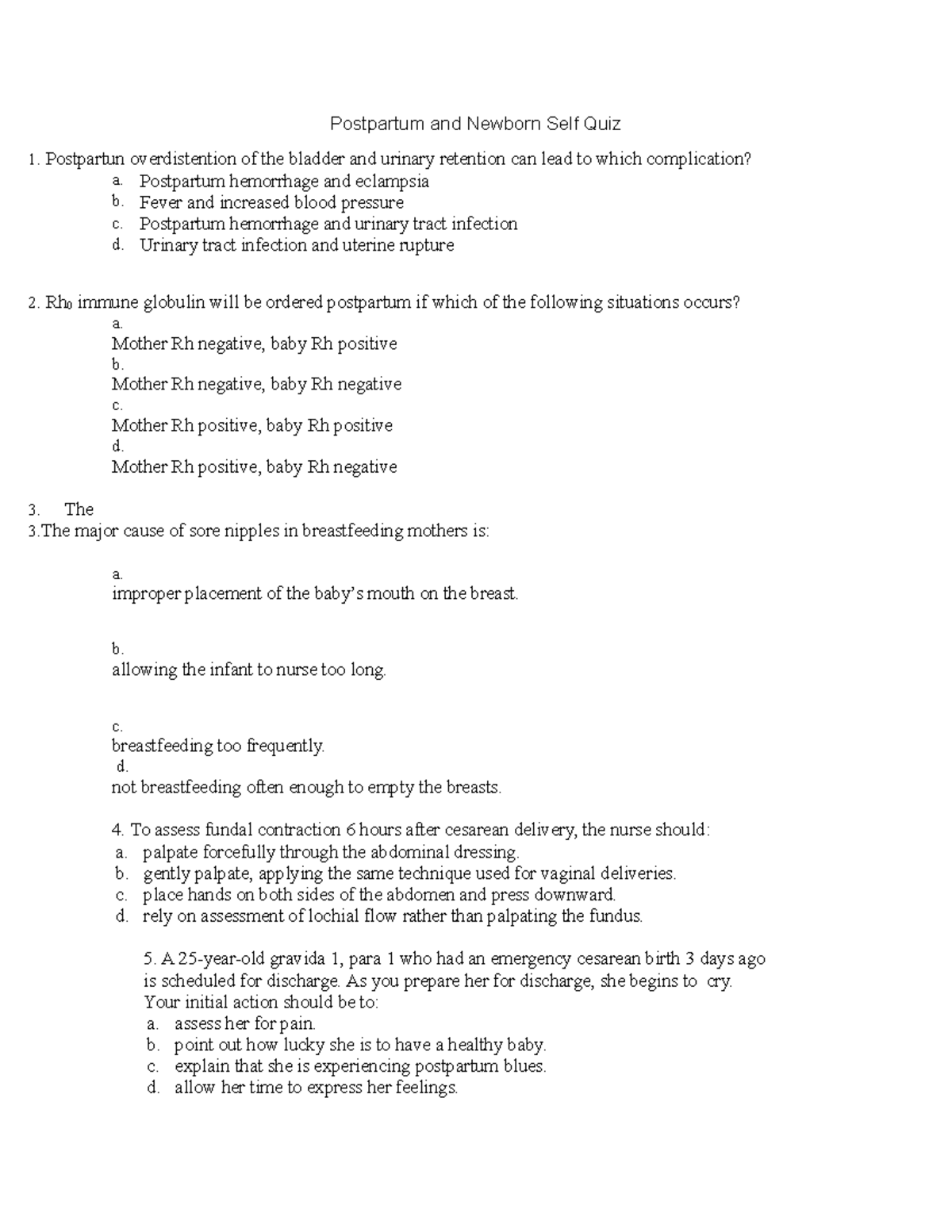 Postpartum and Newborn Quiz Fall Oct 20 - Postpartum and Newborn Self ...