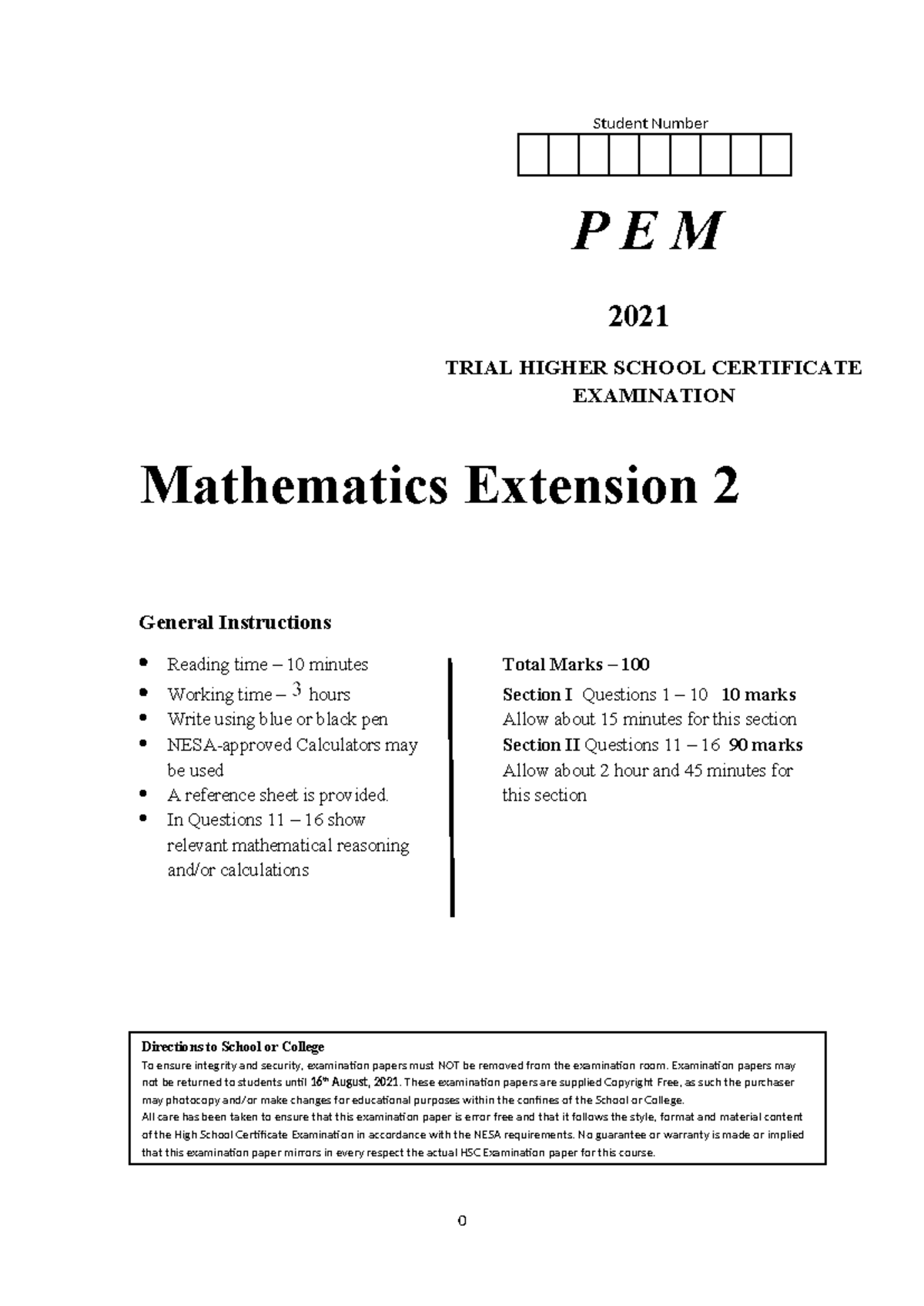 PEM 2021 Mathematics Extension 2 Trial HSC Examination paper - Student ...