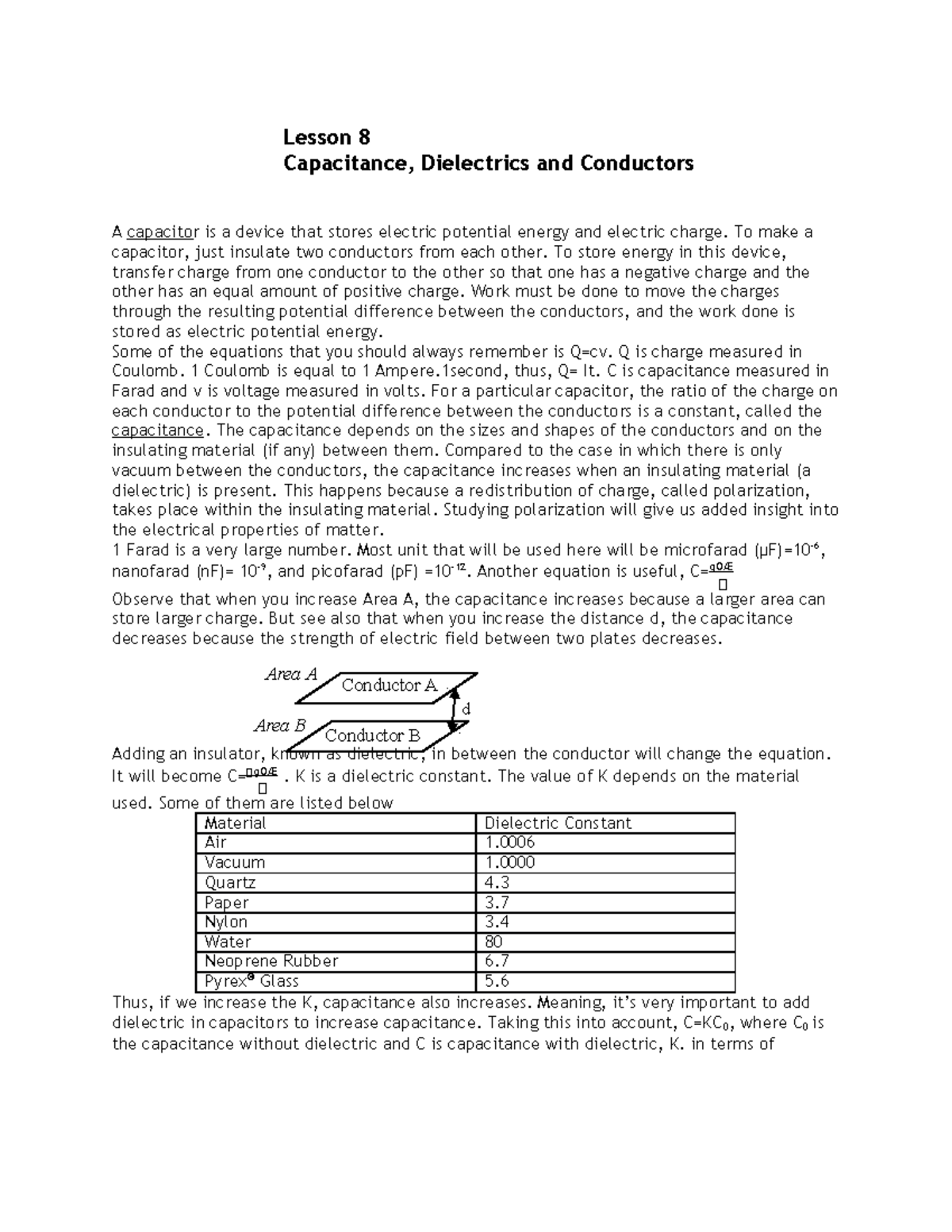 Lesson 8 Capacitance Dielectrics And Conductors To Make A Capacitor