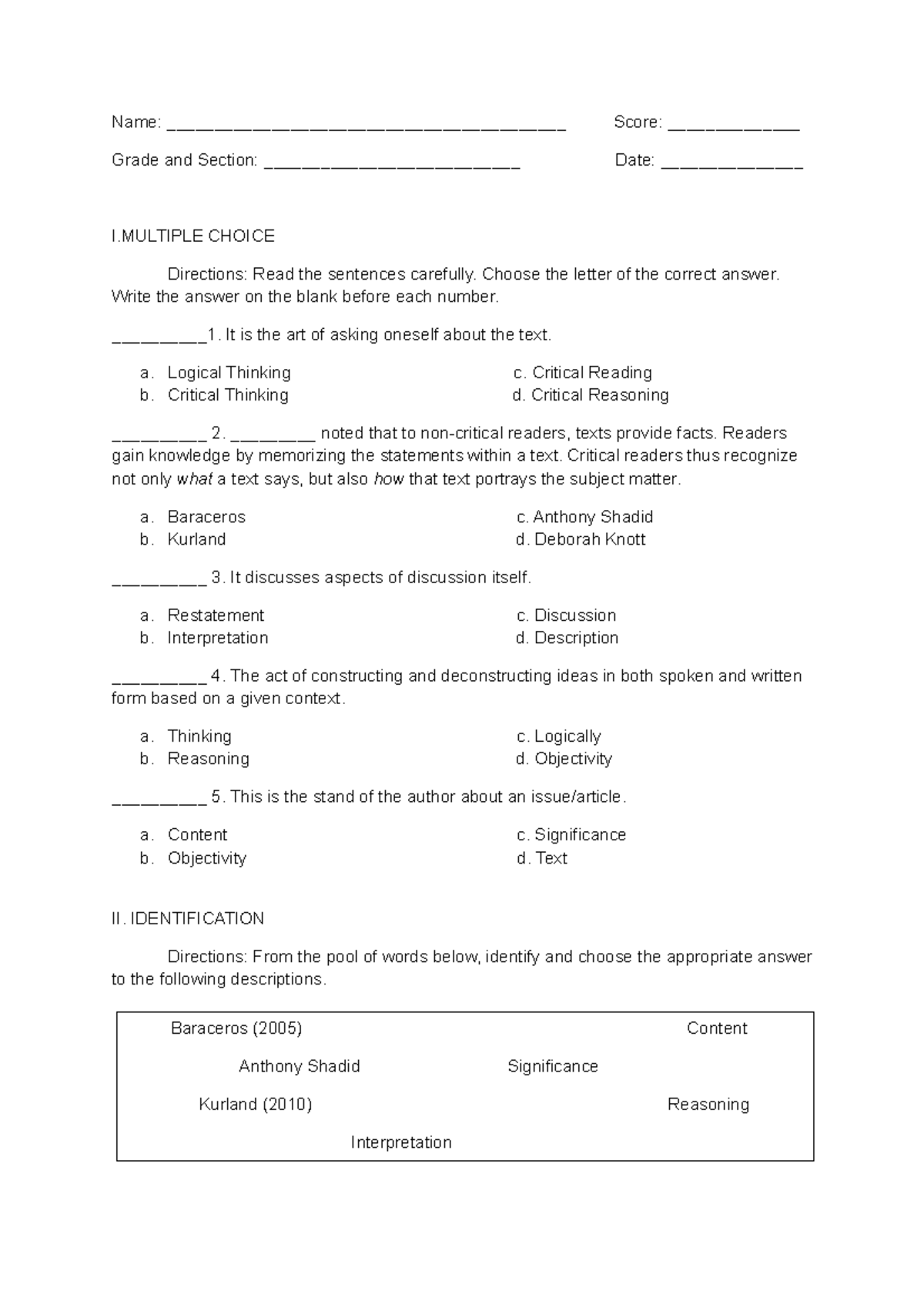 Sample QUIZ IN Reading AND Writing - Name ...