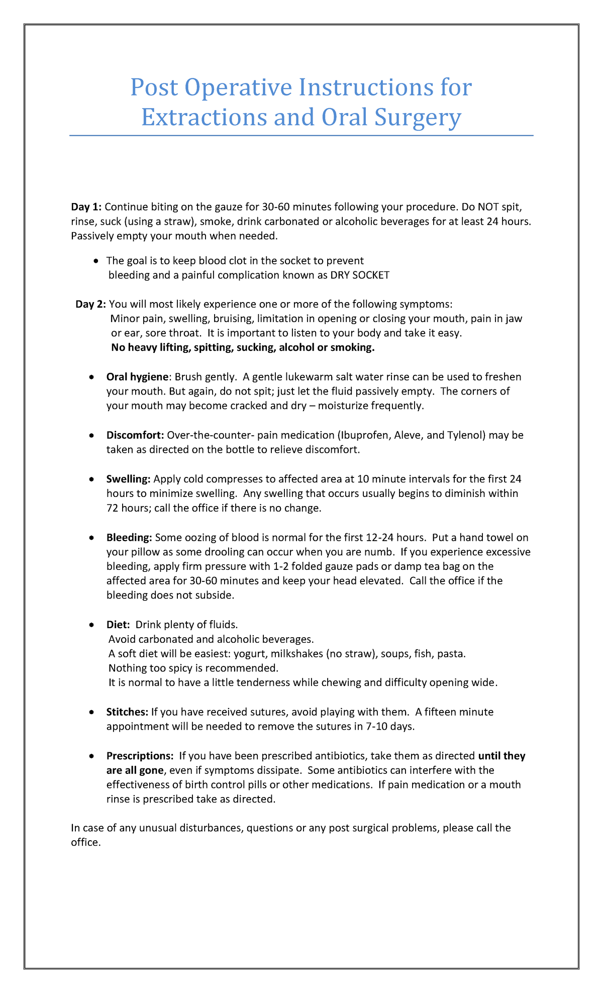 Post Operative Instructions for Extractions and Oral Surgery - Do NOT ...