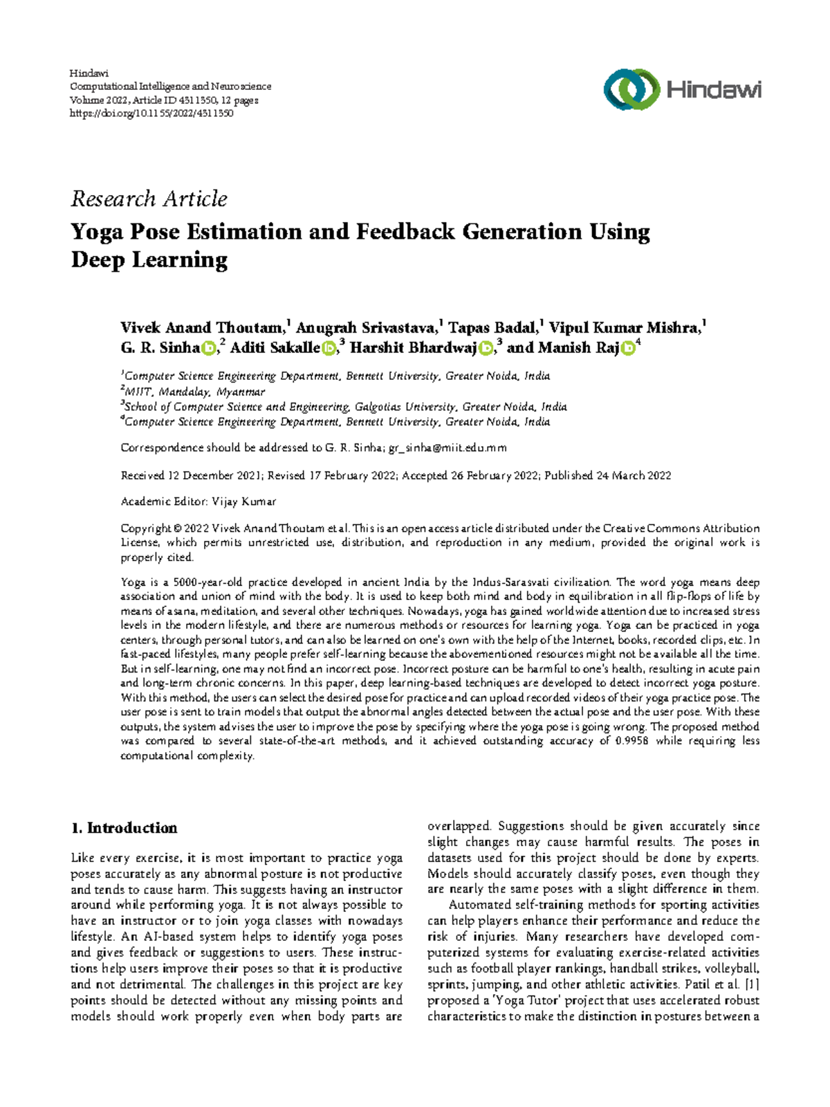 Research paper - Research Article Yoga Pose Estimation and Feedback ...