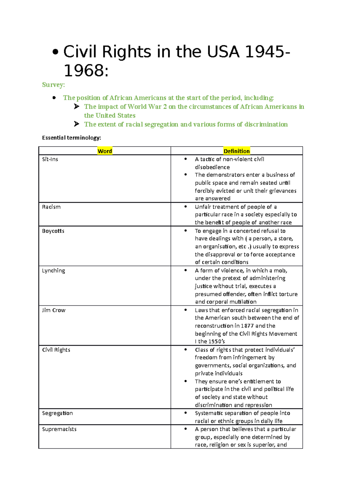 Civil Rights Notes 1 - Civil Rights in the USA 1945- 1968: Survey: The ...