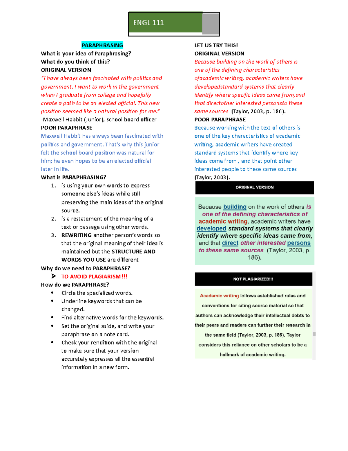 ENGL 111 1 Finals Paraprhasing - ENGL 111 PARAPHRASING What is your ...