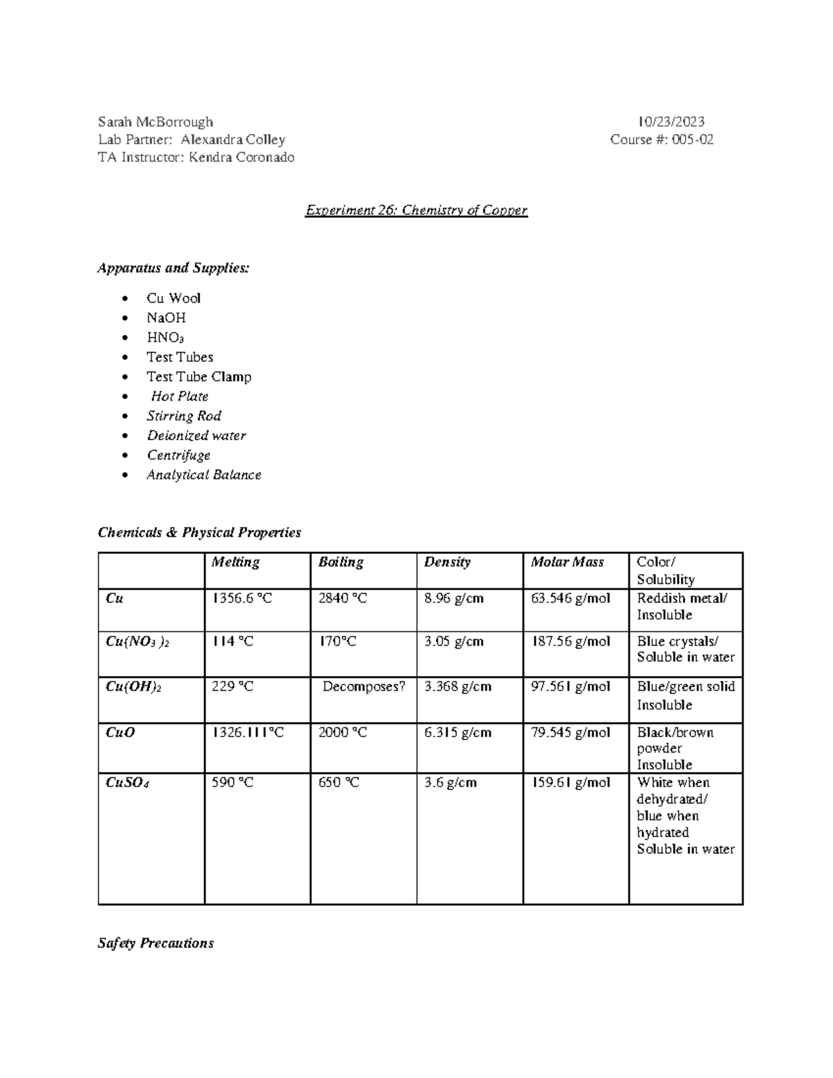 Chemistry of Copper Experiment - Sarah McBorrough 10 / 23 / Lab Partner ...