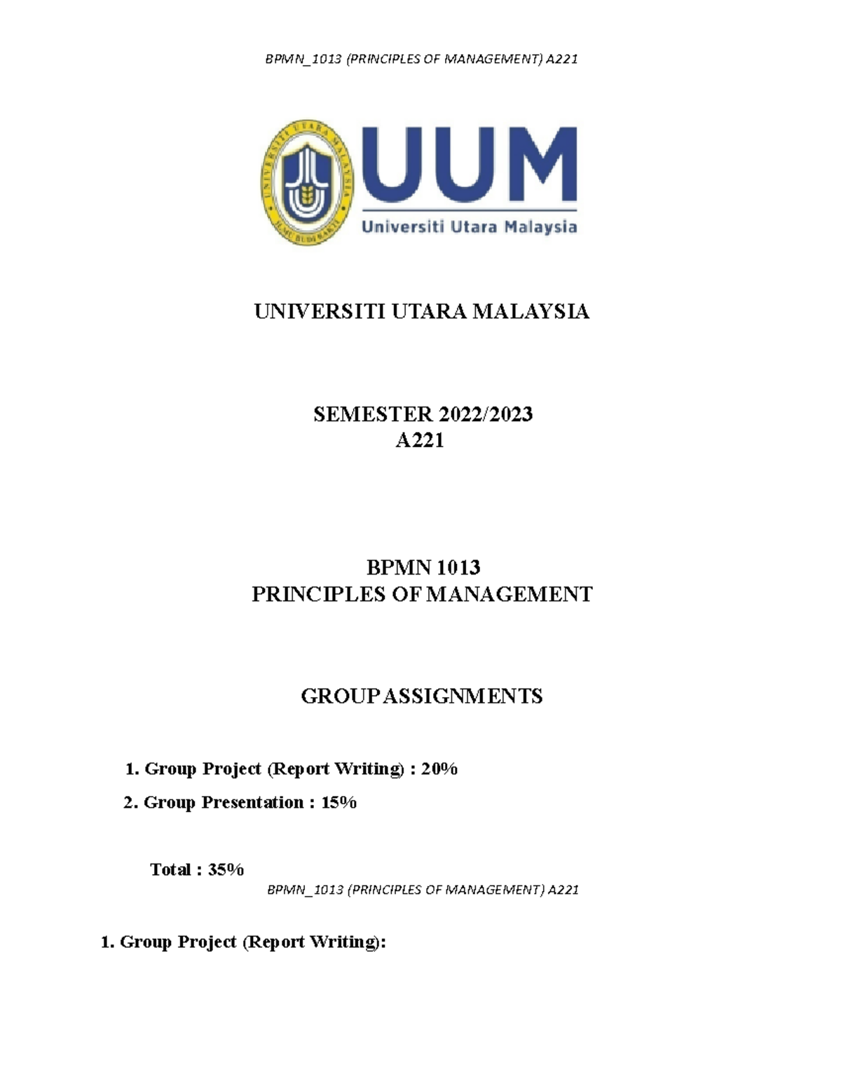 Assignment Instruction Bpmn 1013 Principles Of Management A