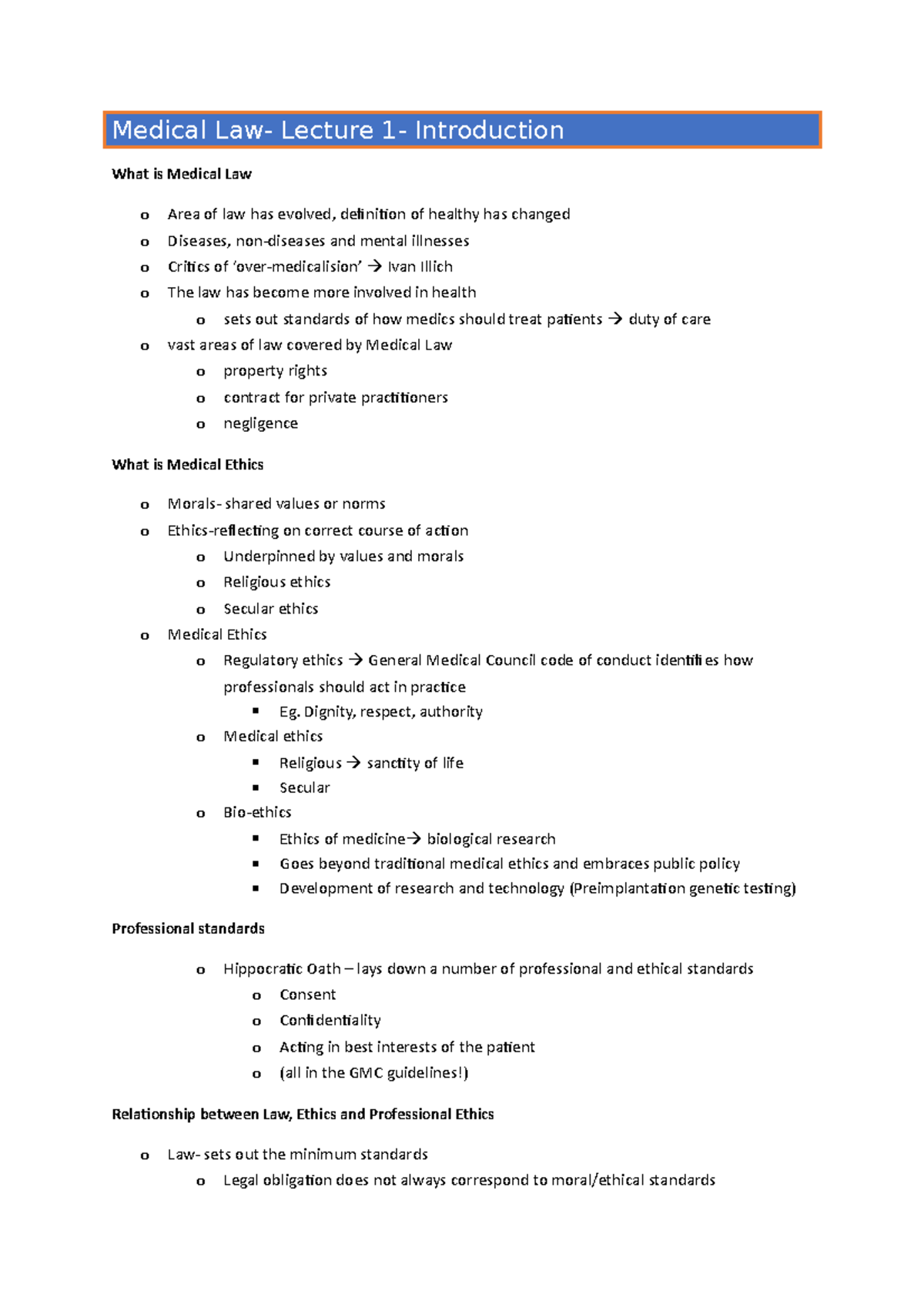 Medical Law- Lecture Notes - Medical Lecture Introduction What is ...