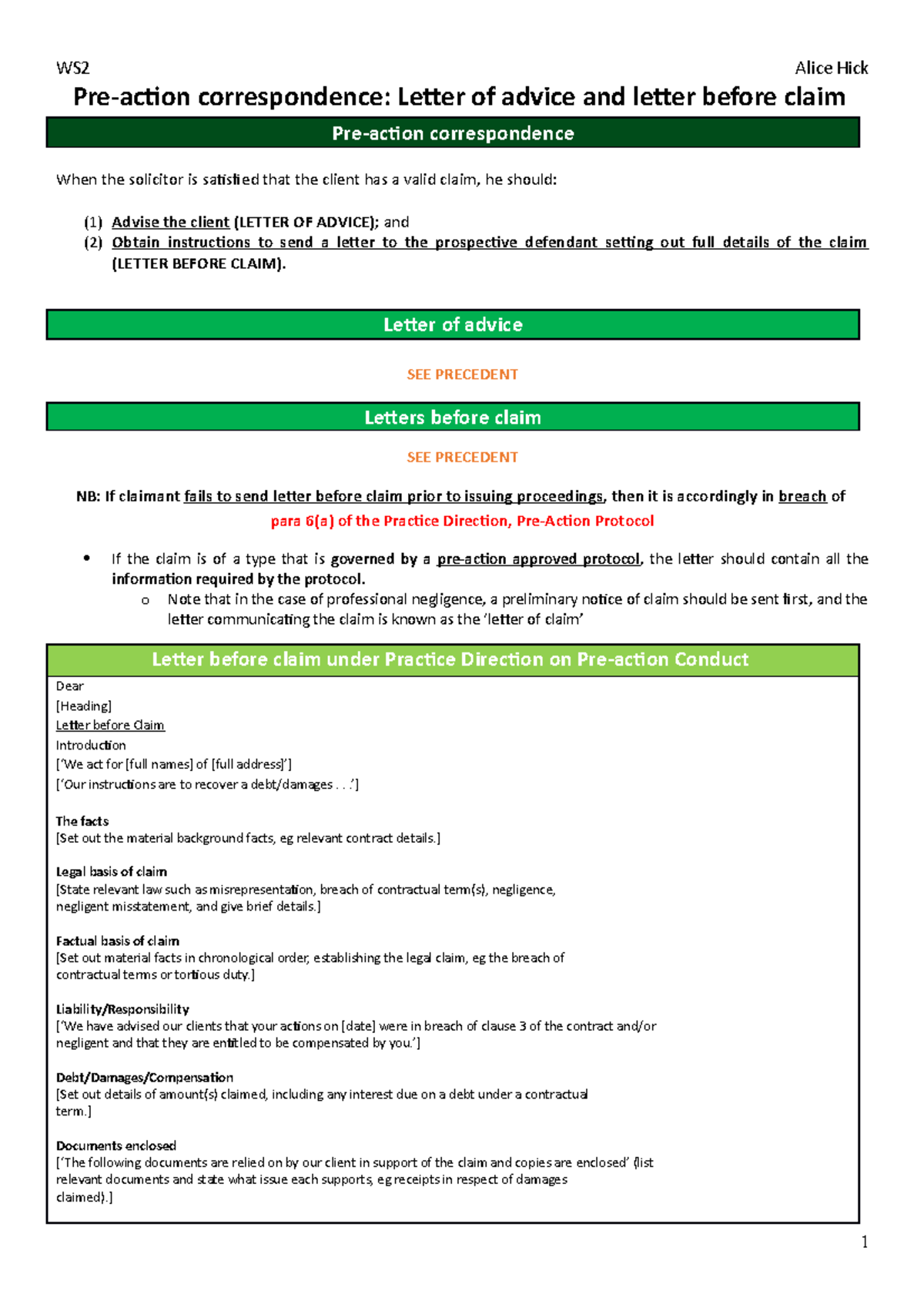 DR WS2 - Dispute Resolution - First class, Distinction - WS2 Alice Hick ...