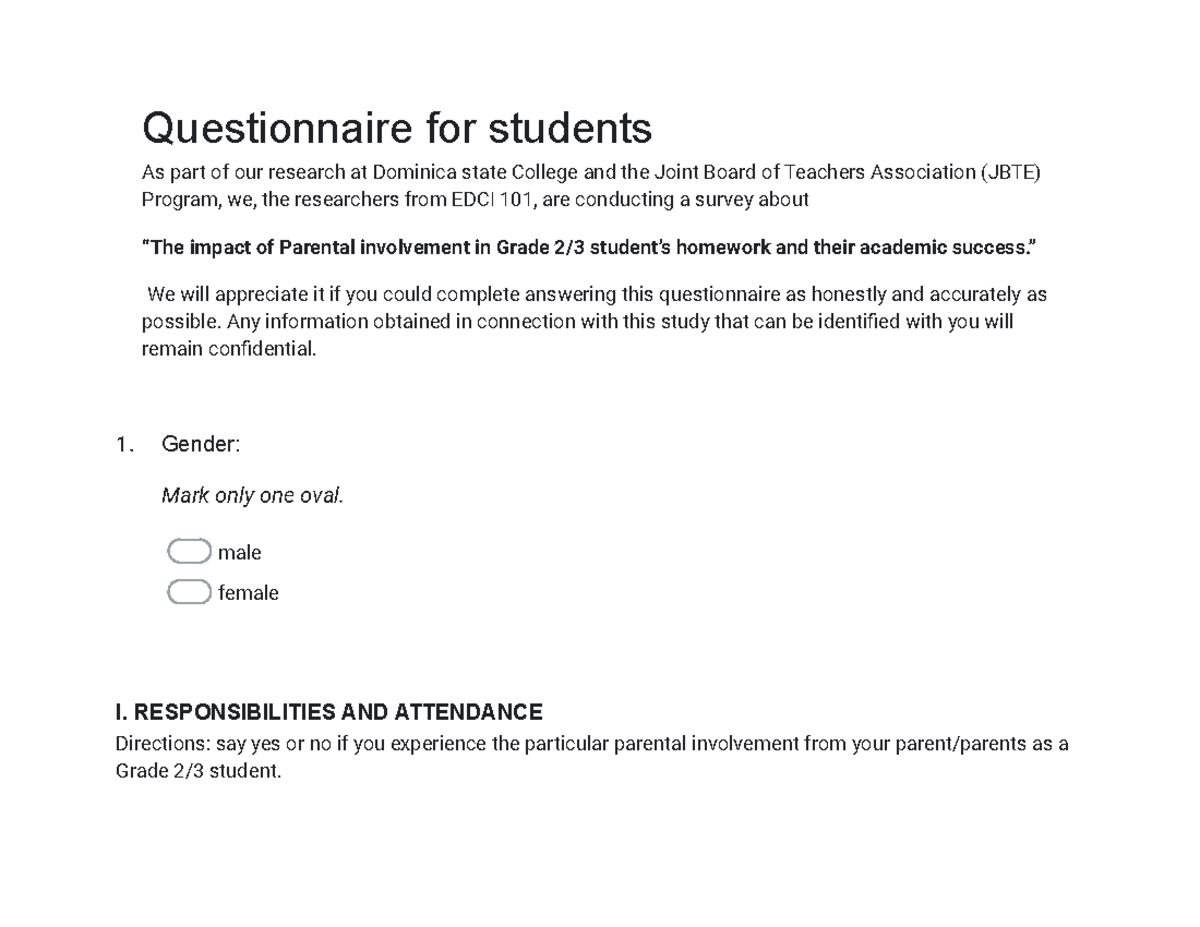 Questionnaire for students - Google Forms - 1. Mark only one oval. male ...