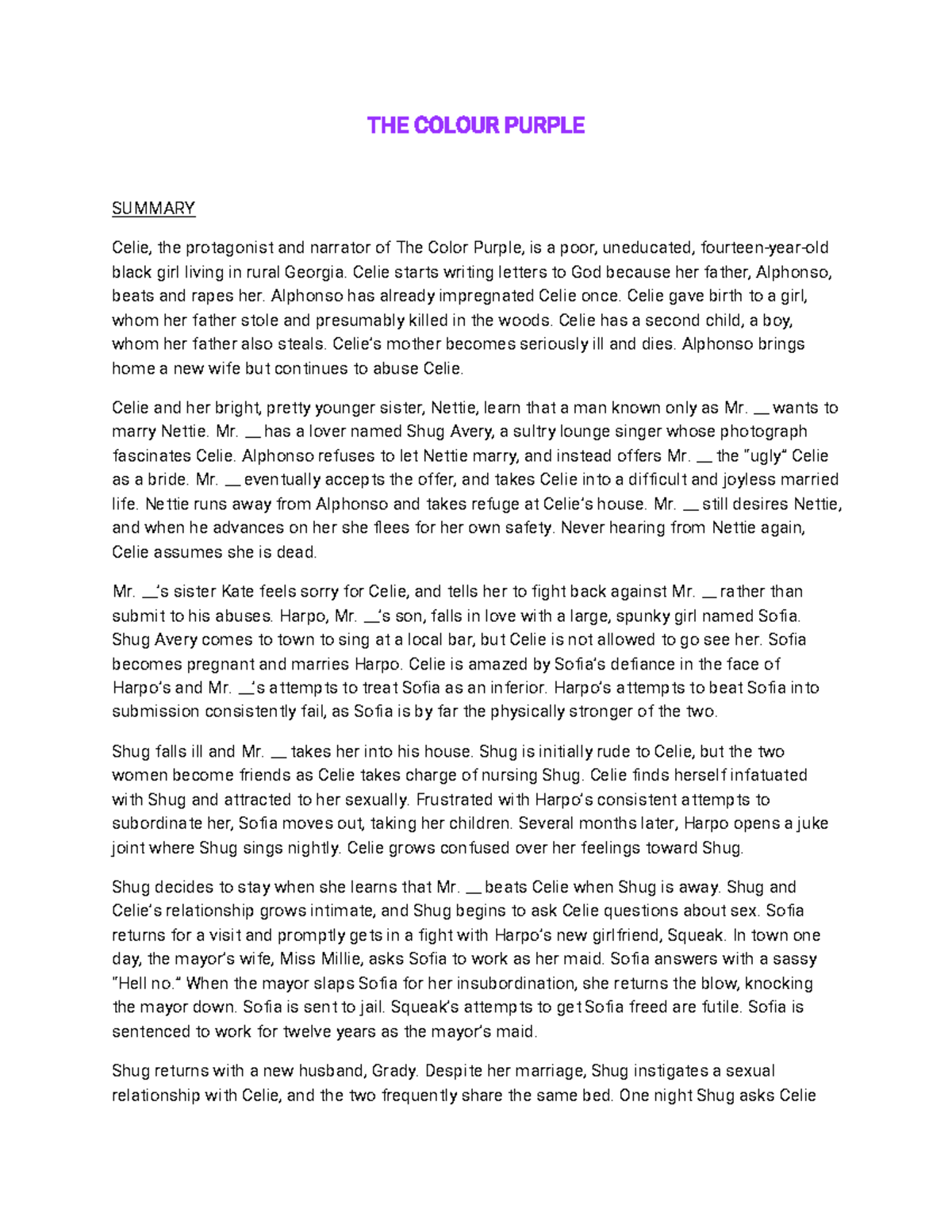 THE Colour Purple - summary - THE COLOUR PURPLE SUMMARY Celie, the ...