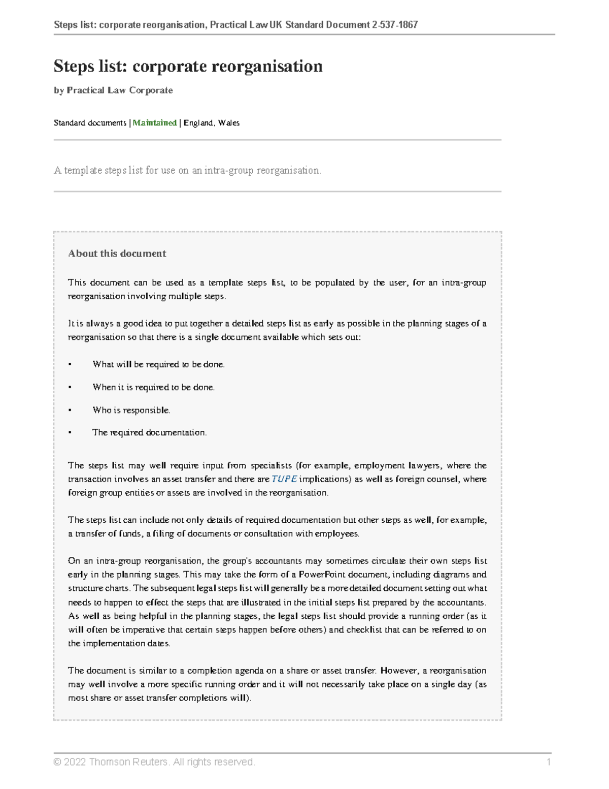 Steps list corporate reorganisation - All rights reserved. 1 Steps list ...