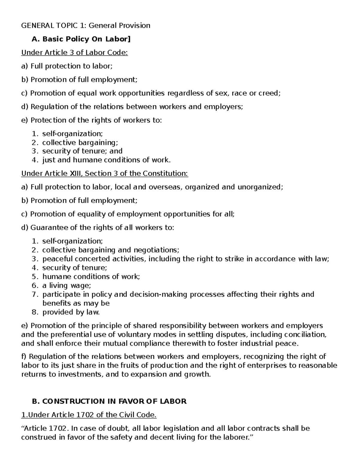 General Topic 1 - Labor Law and Legistlation - GENERAL TOPIC 1: General ...