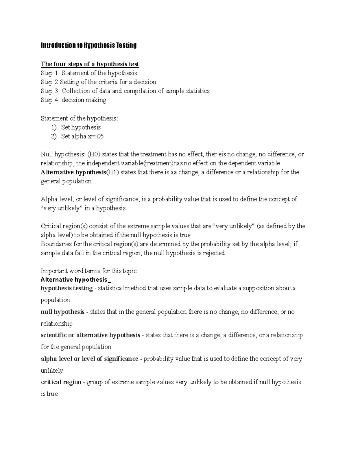 Chapter 8 Learning Outcomes - Introduction to Hypothesis Testing The ...