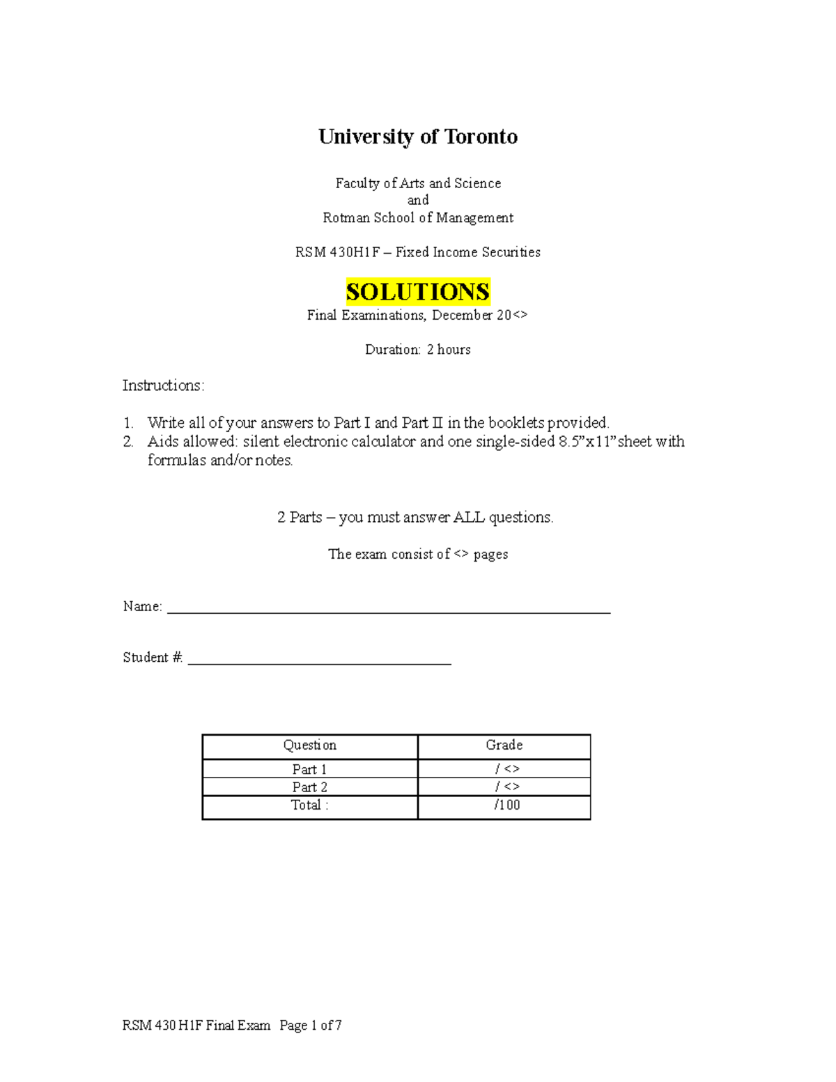 RSM 430 Sample final exam with Solutions - University of Toronto ...