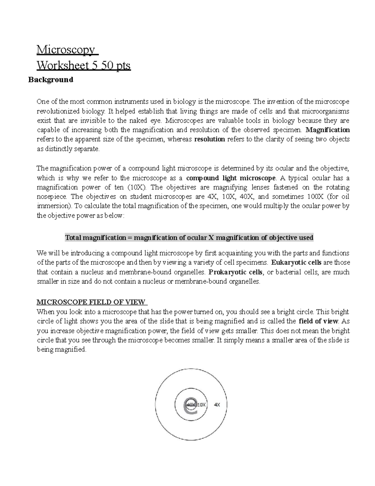 5. Microscopy Worksheet - Microscopy Worksheet 5 50 pts Background One ...