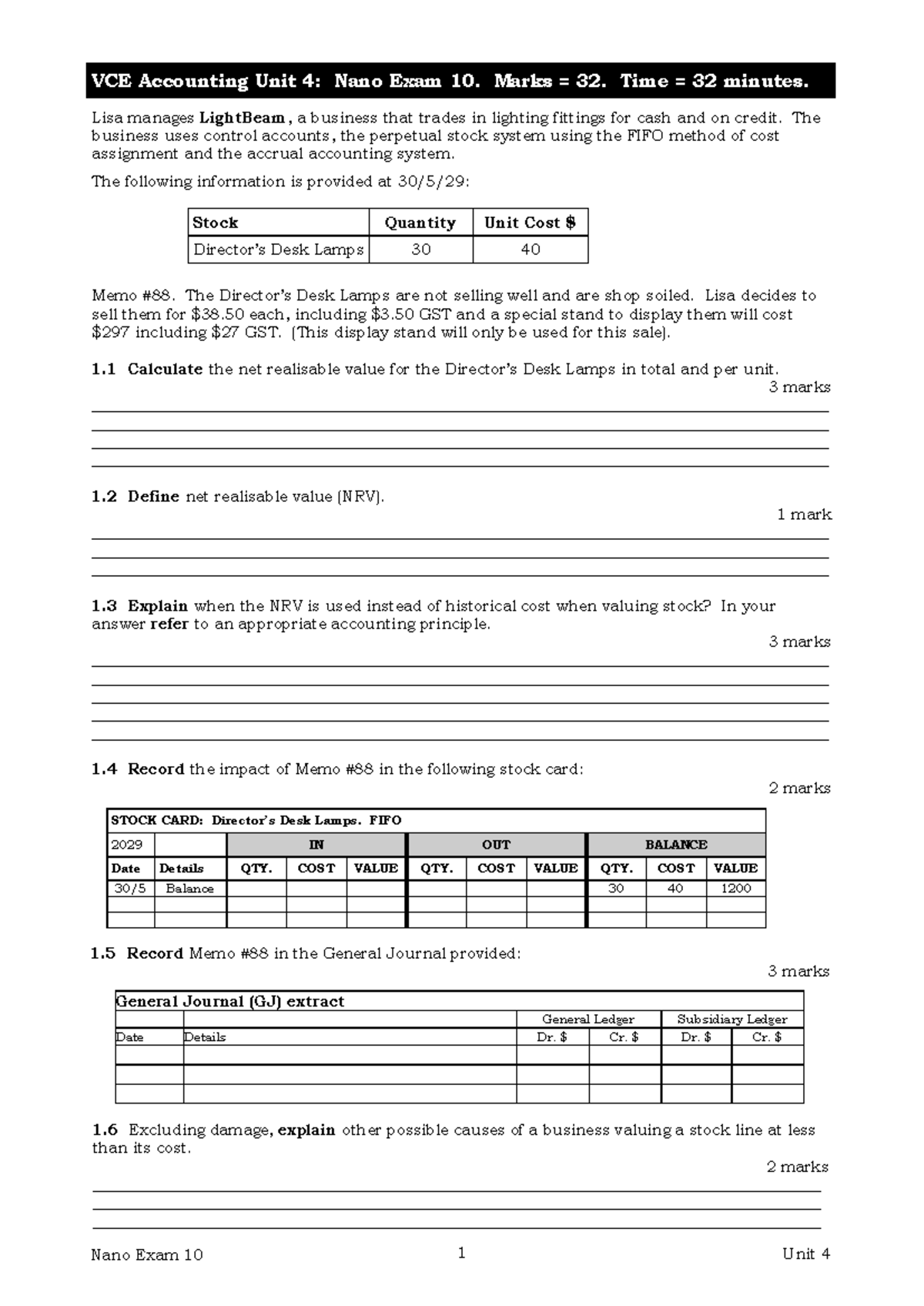 Macrob-exam-10 - Practice - VCE Accounting Unit 4: Nano Exam 10. Marks ...