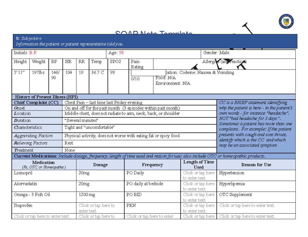 NR 509 SOAP - B.F. Chest Pain - SOAP Note Template Initials: B Age: 58 ...