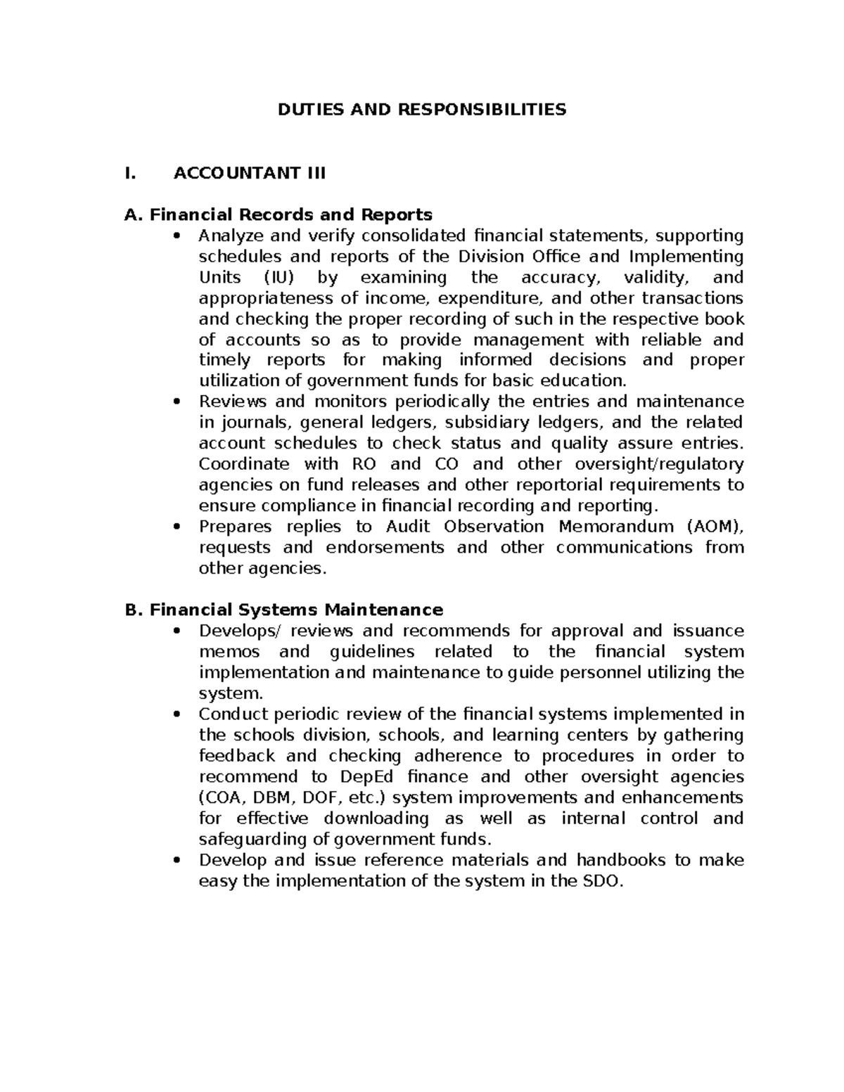 Finance- Duties AND Responsibilities - DUTIES AND RESPONSIBILITIES I ...