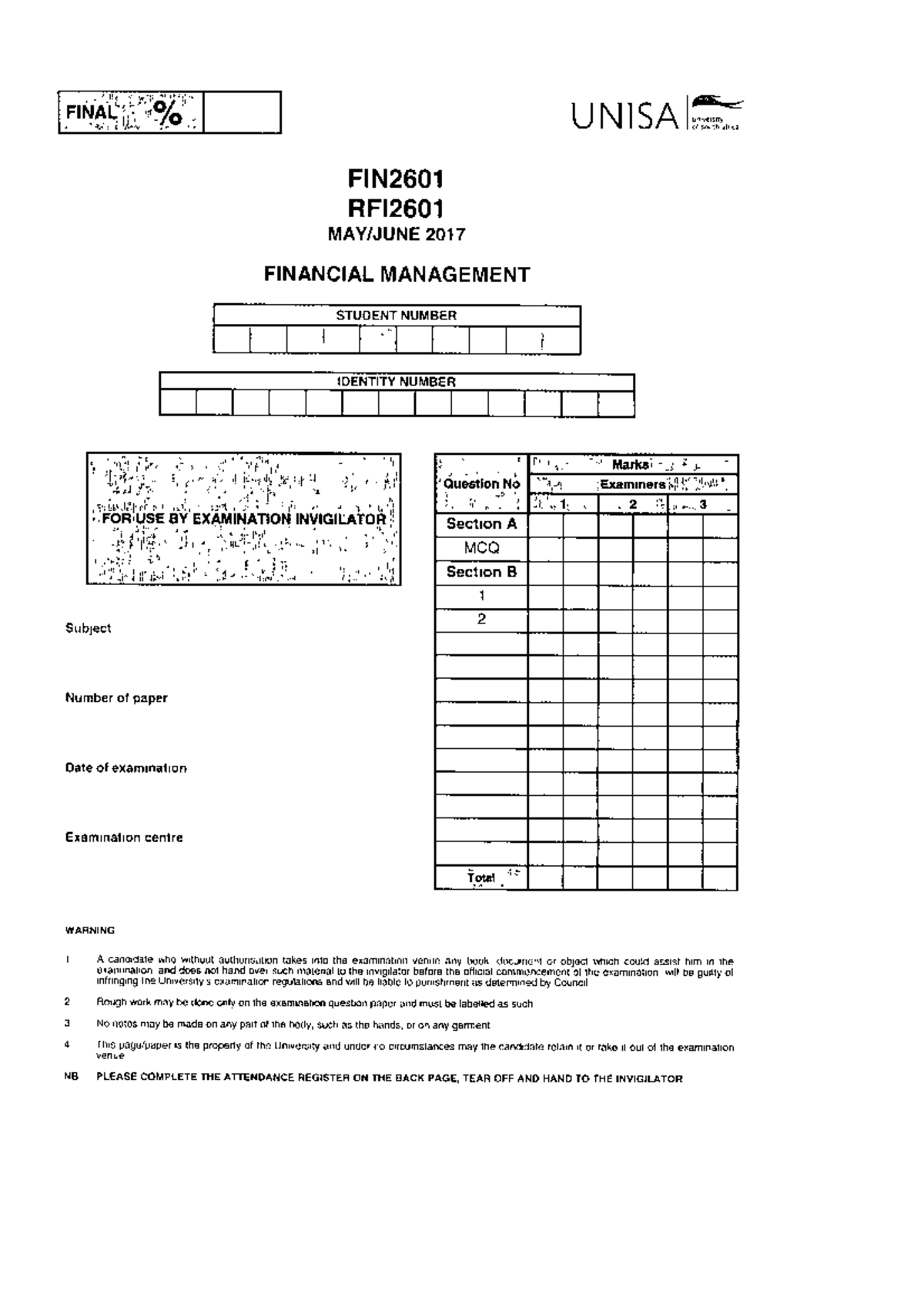 JUNE EXAM FIN2601-2017-6-E-1 - EACC5808 - Studocu