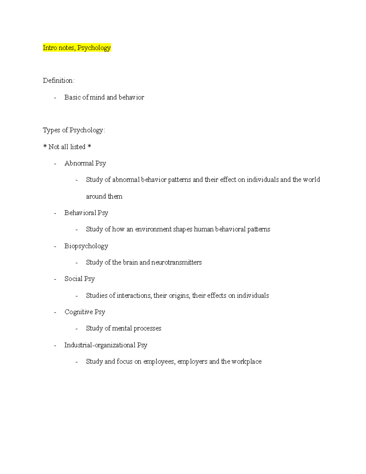 Psycholgy Intro Notes - Intro notes, Psychology Definition: - Basic of ...