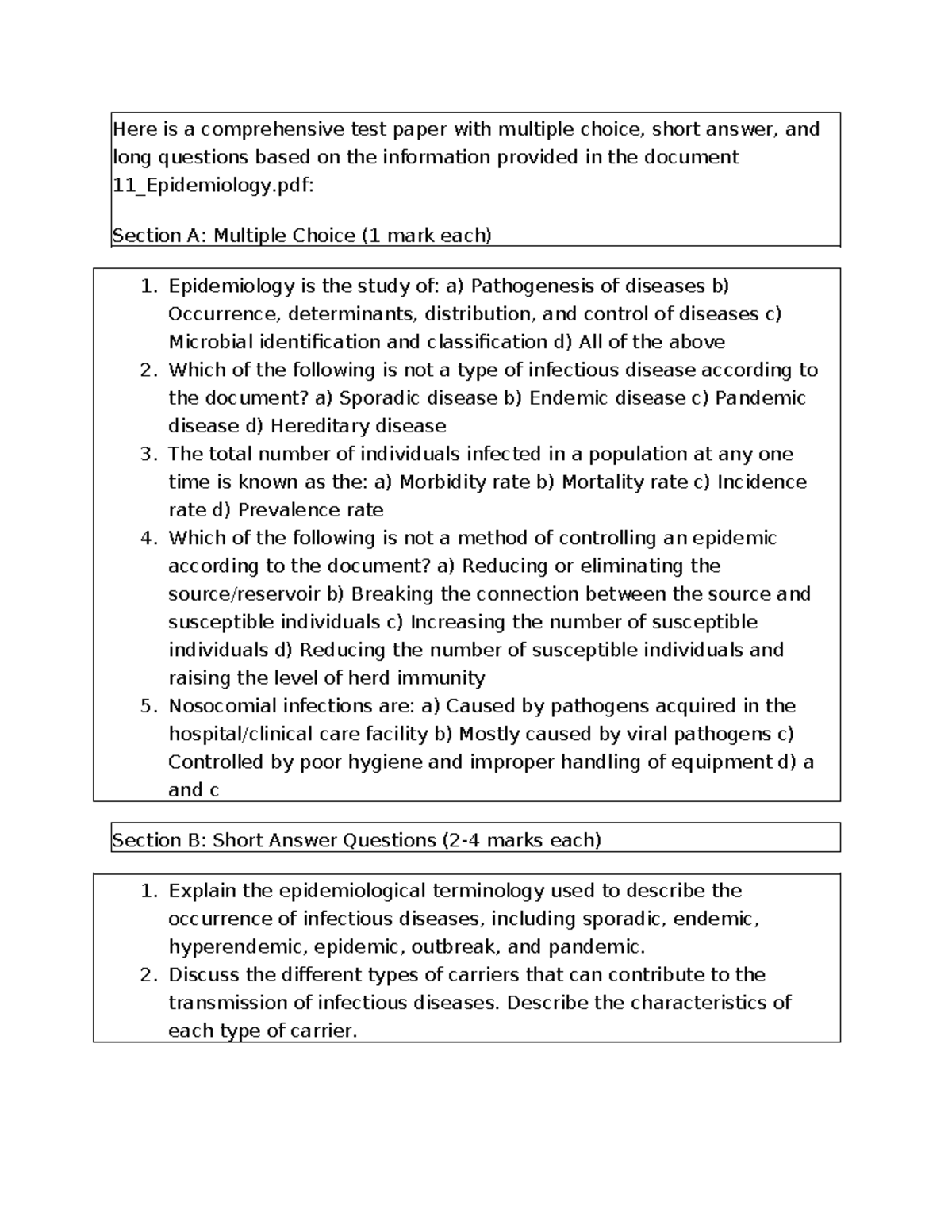 Epidemiology test paper - Here is a comprehensive test paper with ...