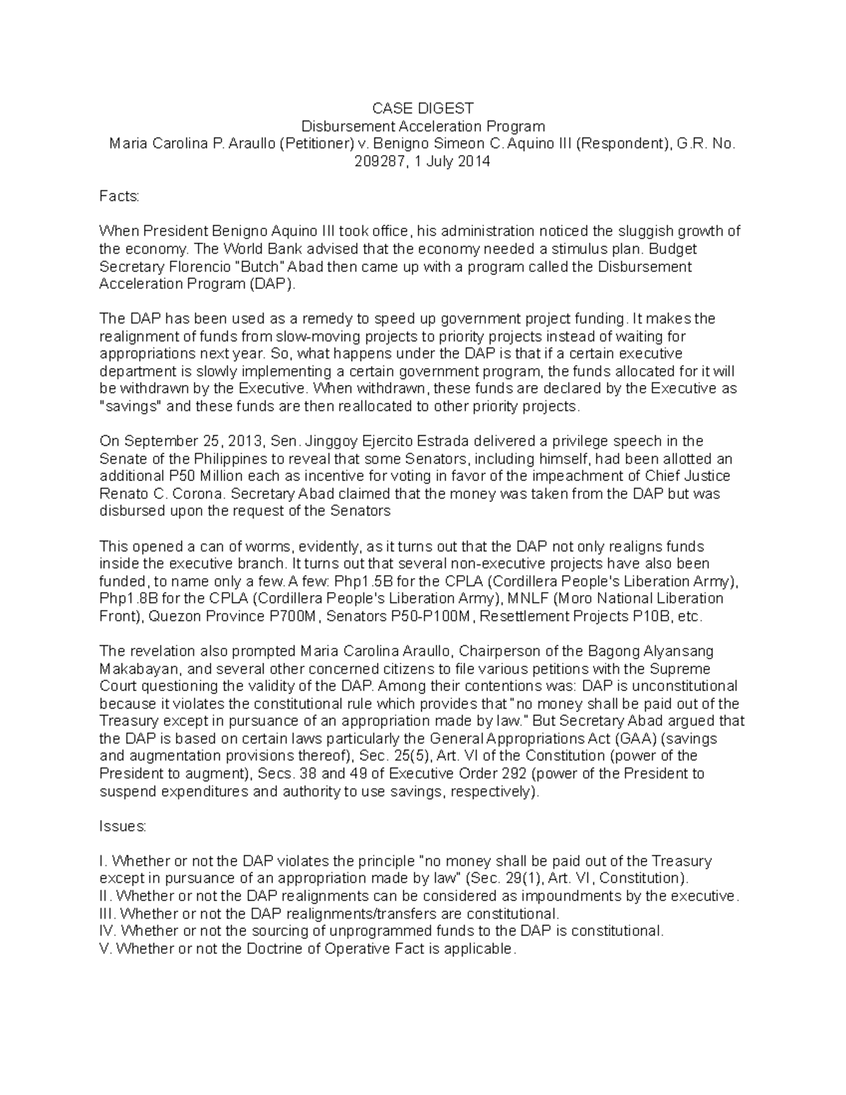 Activity 1 - ACT 1 - CASE DIGEST Disbursement Acceleration Program Maria Carolina P. Araullo ...