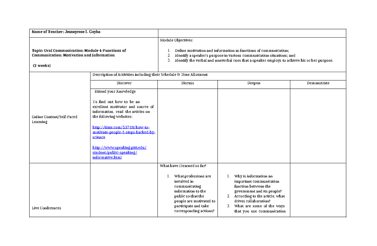 ORAL COM 4 1 - Module for Oral Communication - Name of Teacher ...