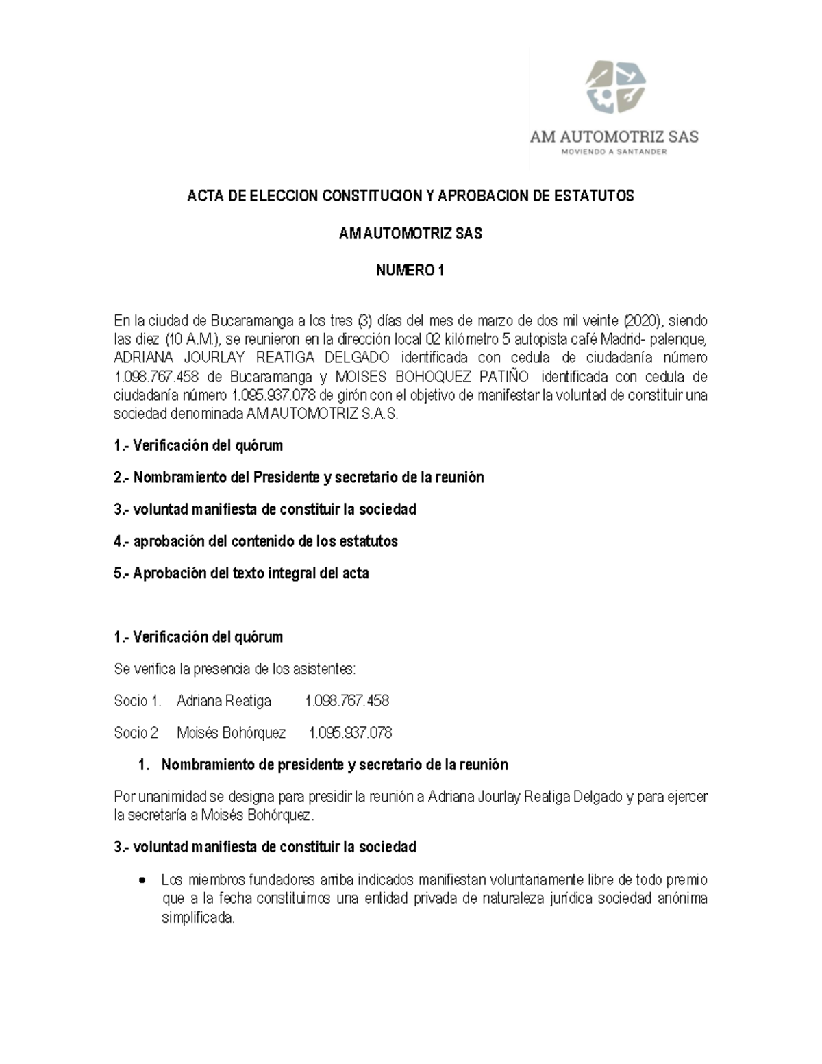 ACTA Creacion Empresa - MATERIAL DE REPASO - ACTA DE ELECCION CONSTITUCION Y APROBACION DE ...