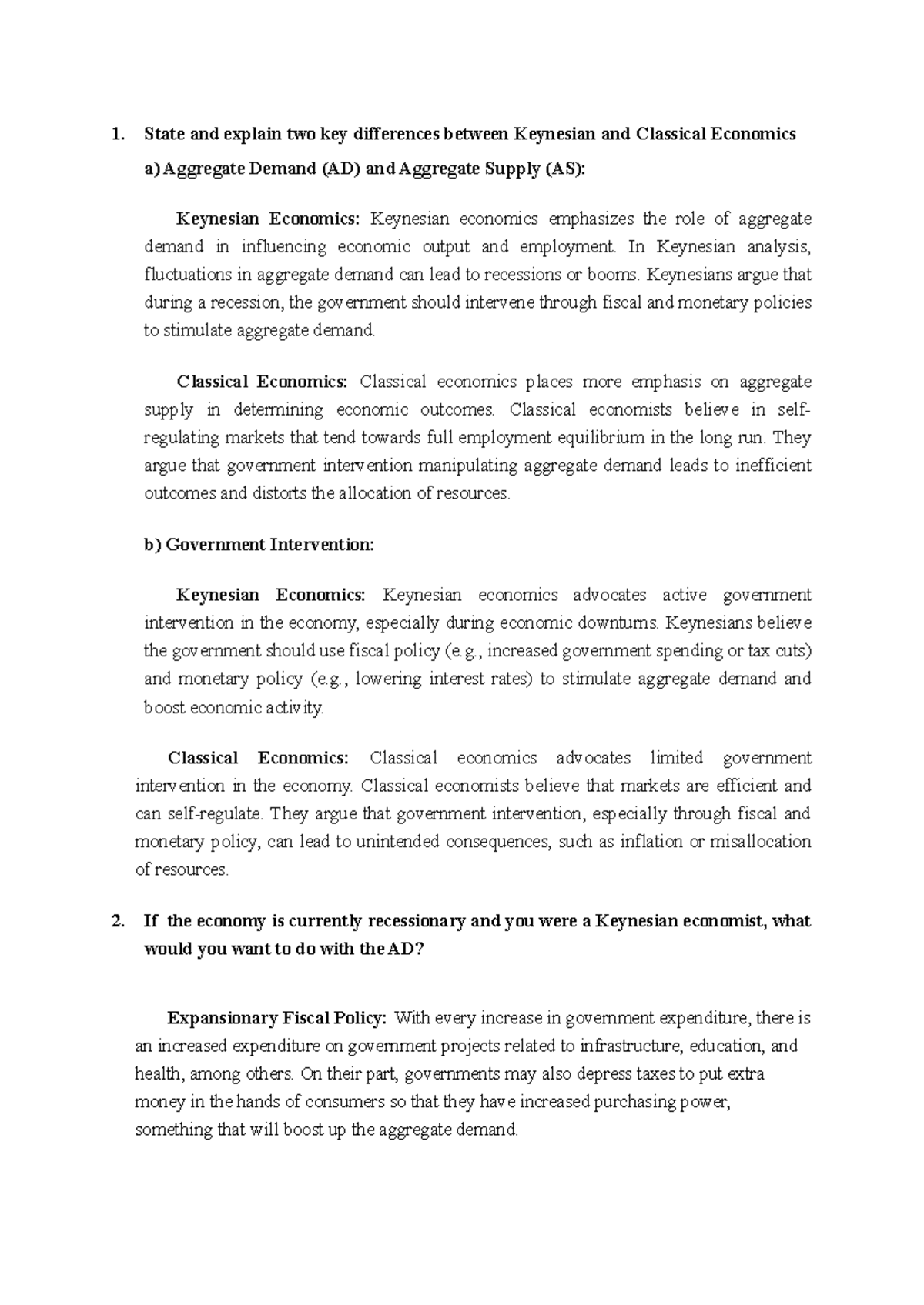 Online Assignment- Keynesian vs Classical Economics - State and explain ...
