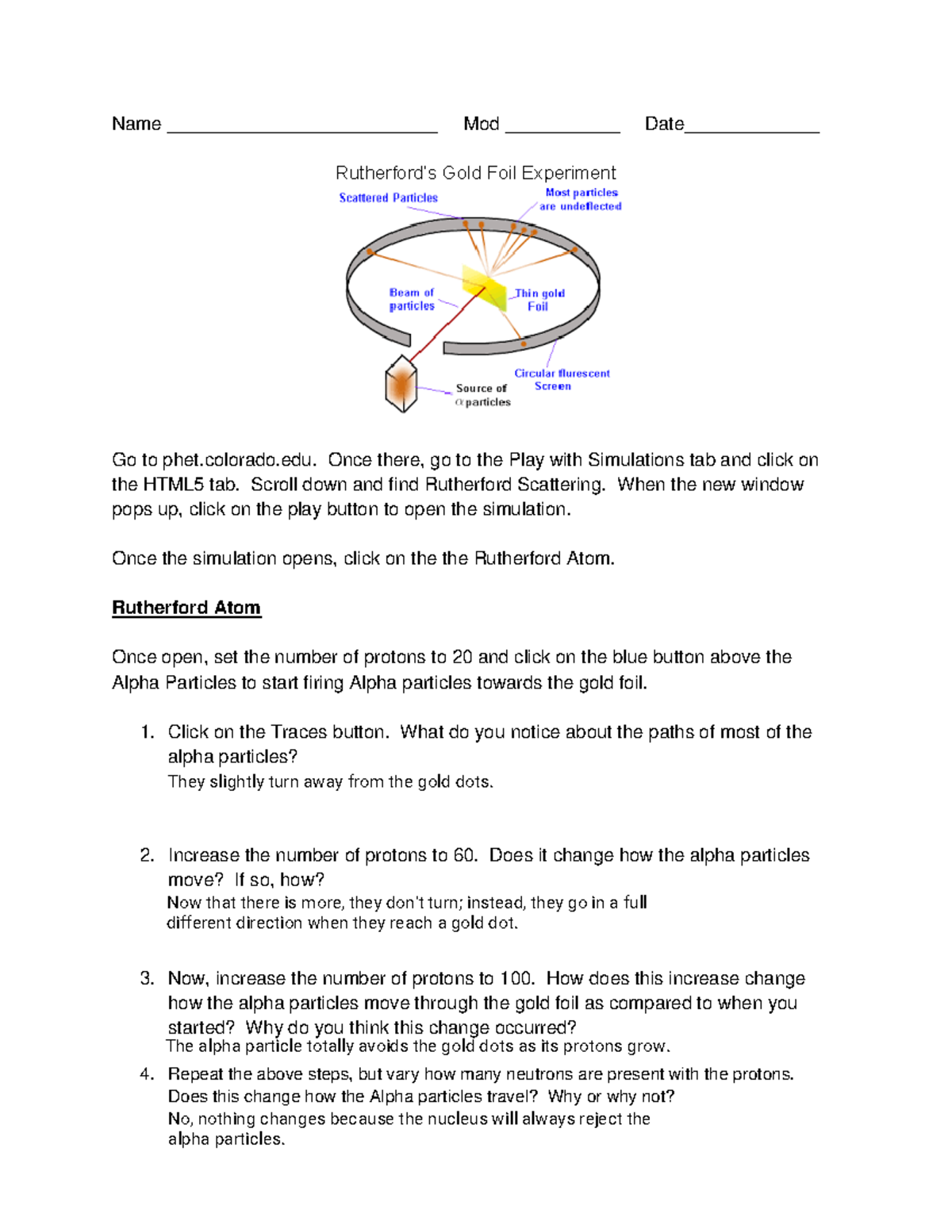 Rutherford's Gold Foil Experiment - Name __________________________ Mod ...
