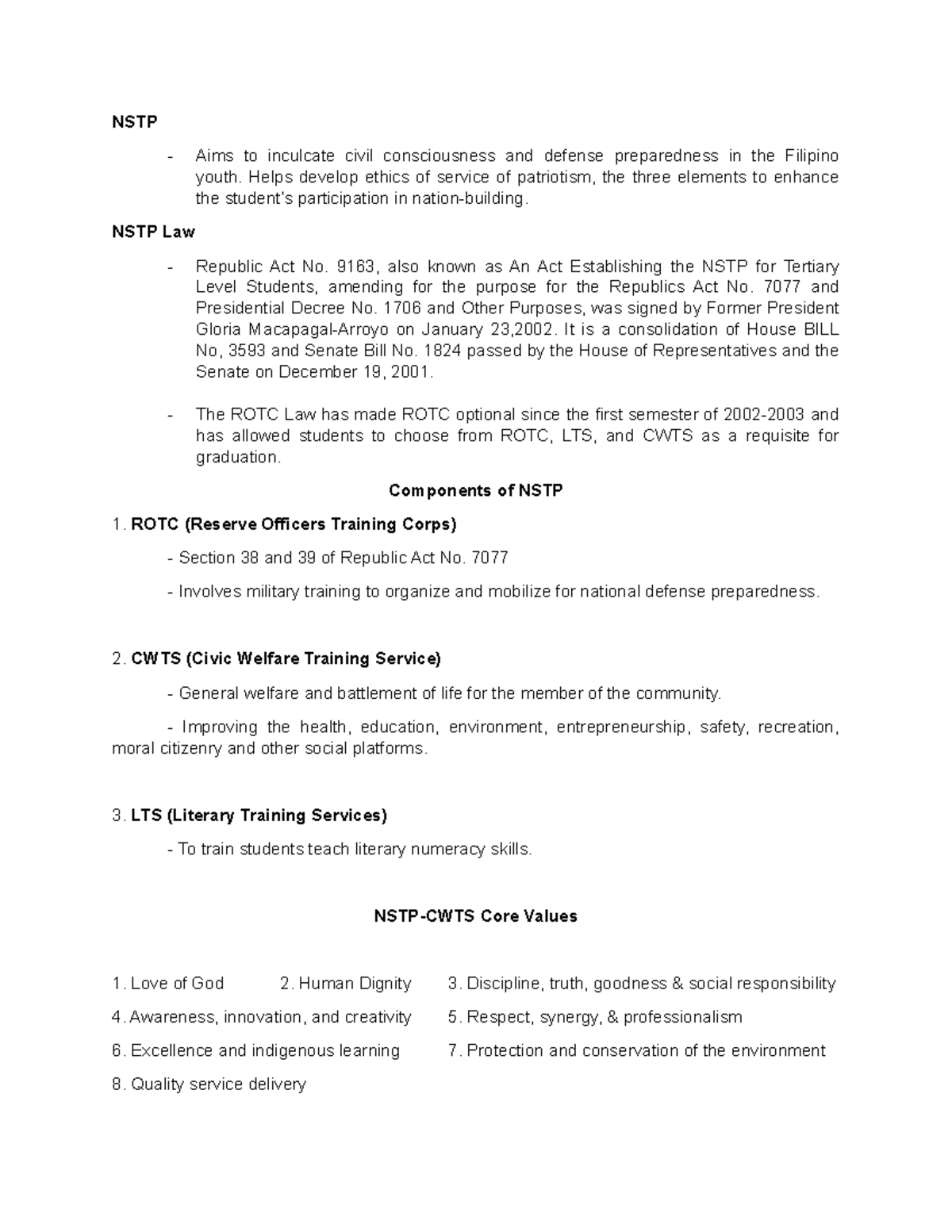 NSTP (Overview) PROTECTION AGAINST HAZARD SUMMARY - NSTP Aims to ...