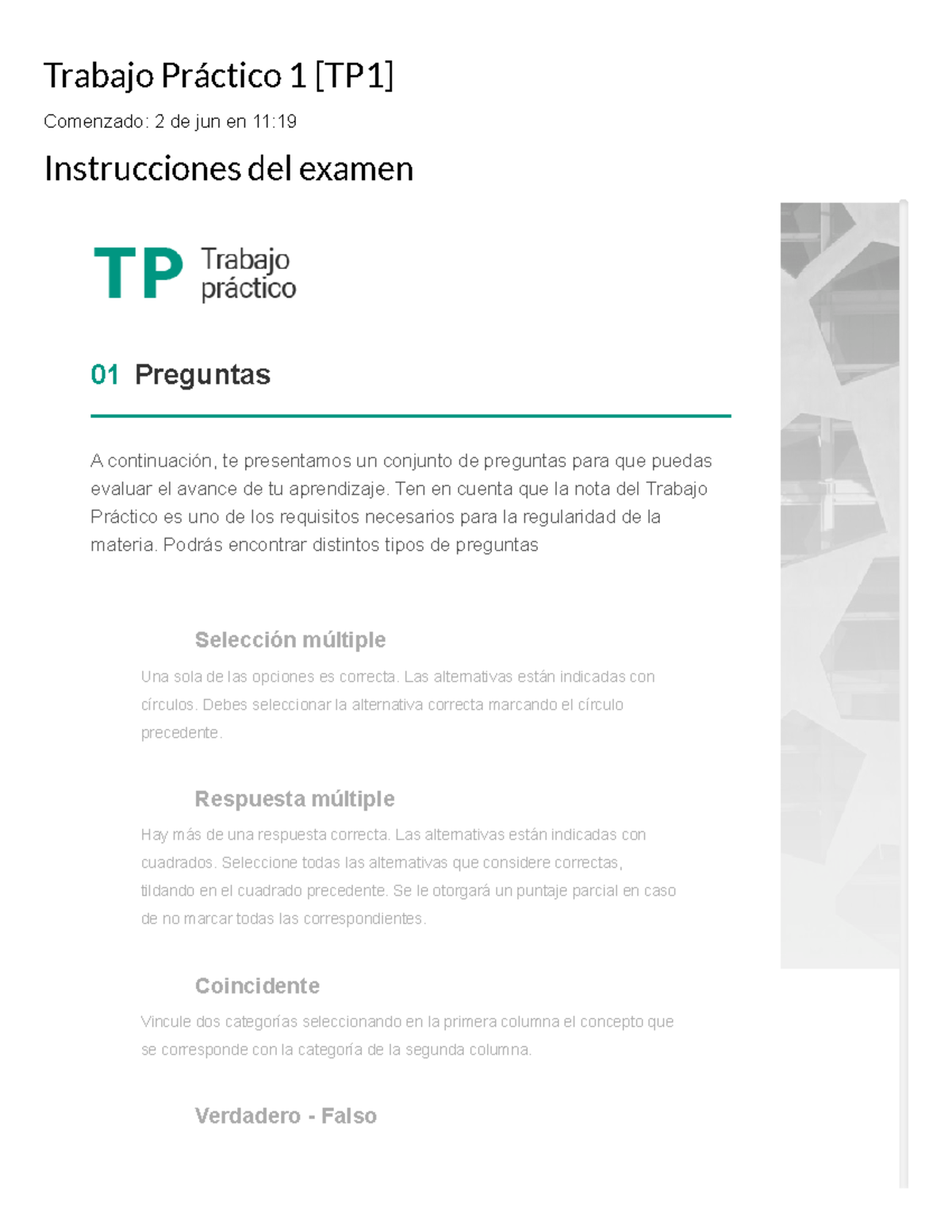 Examen Trabajo Práctico 1 [TP1] max 81 - Trabajo Práctico 1 [TP1] Comenzado: 2 de jun en 11 ...