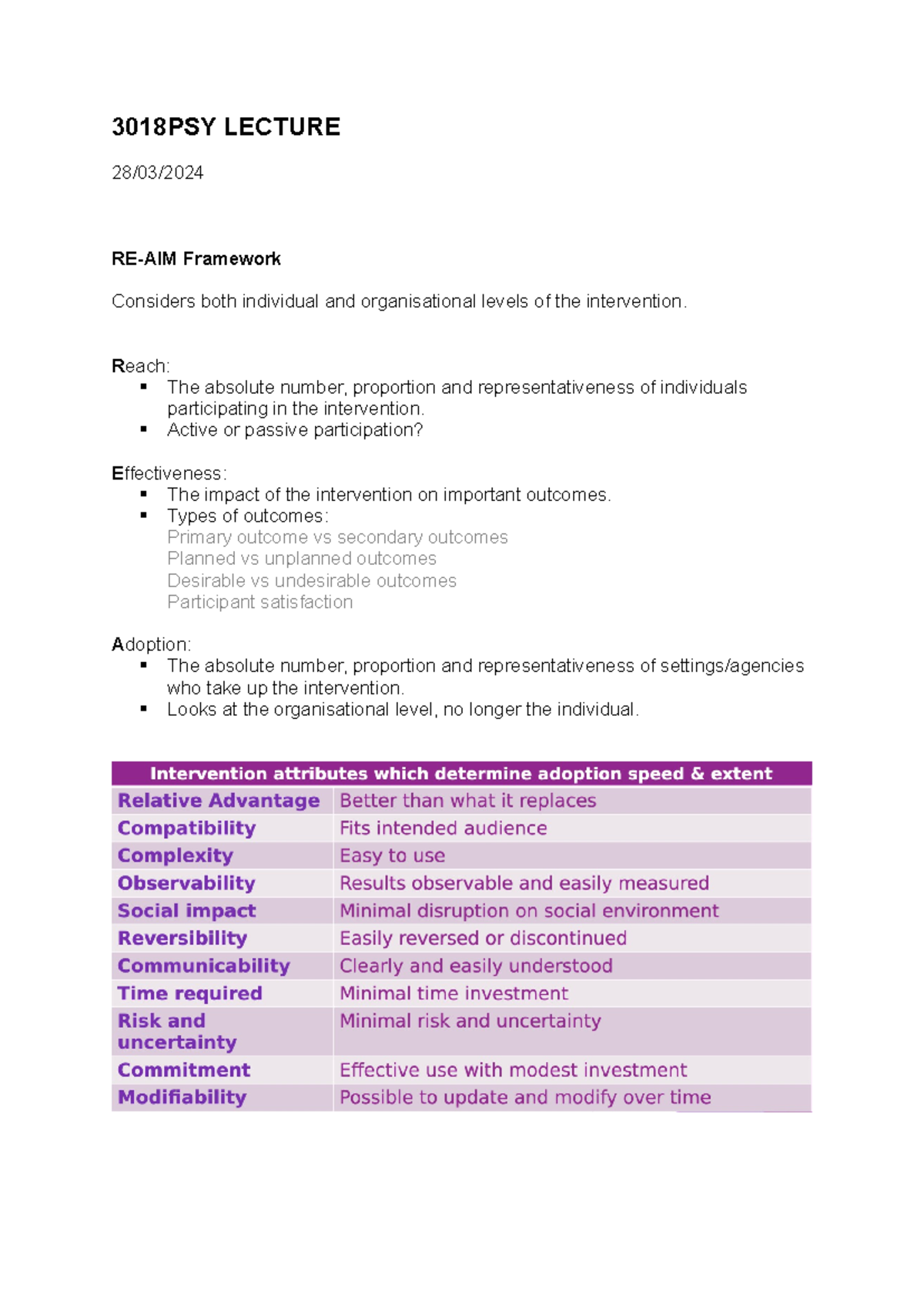 3018PSY Lecture, Week 4 - 3018PSY LECTURE 28/03/ RE-AIM Framework Considers both individual and ...