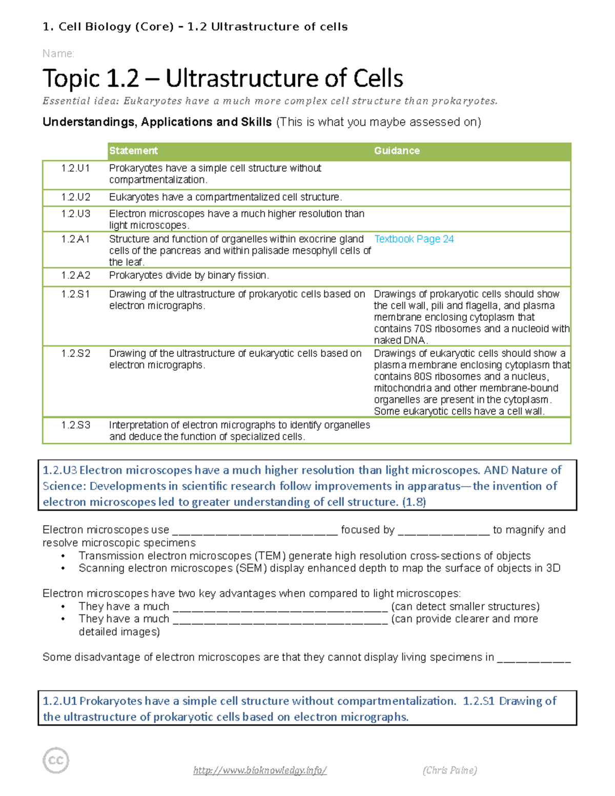 1.2-notes practice - Bio notes - Cell Biology (Core) – 1 Ultrastructure ...