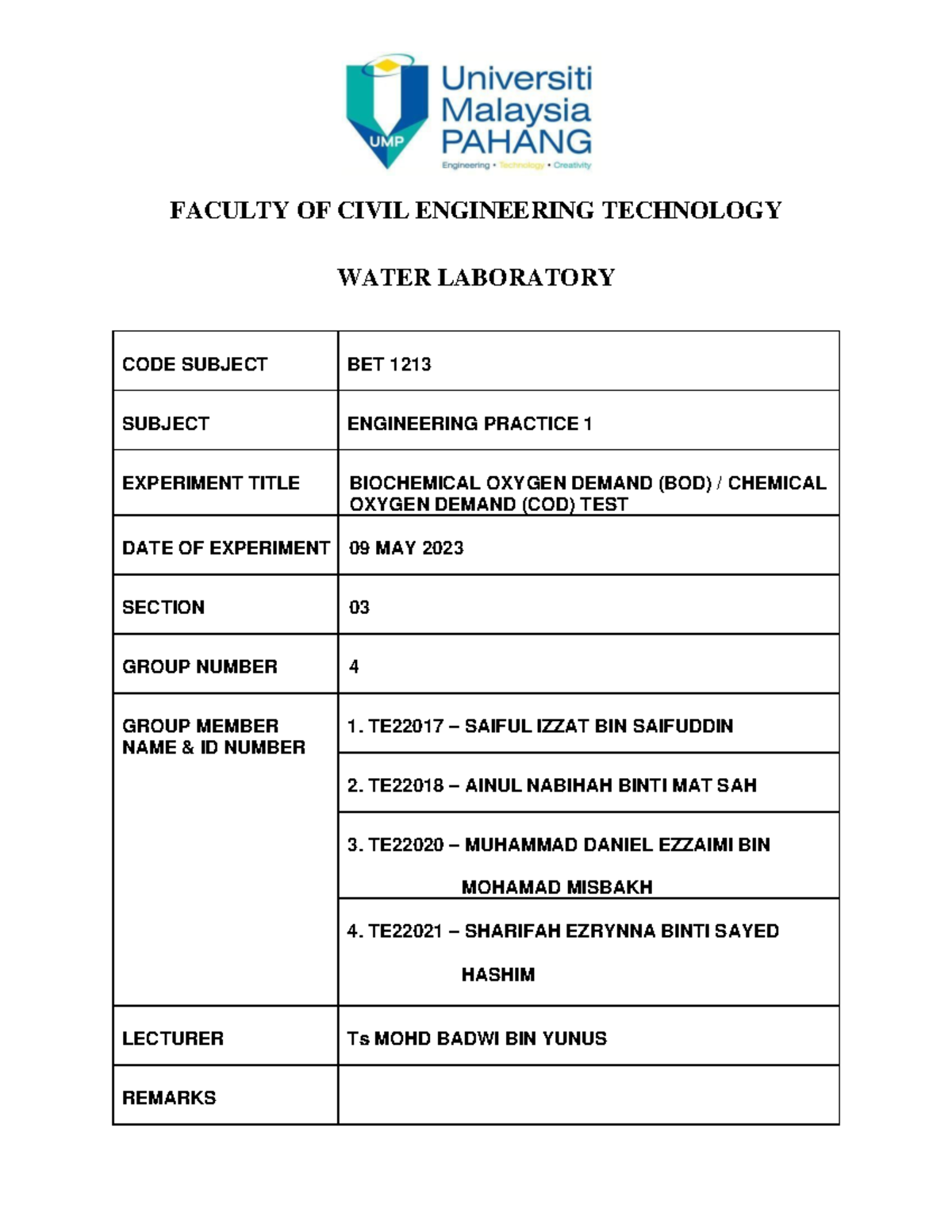 04 03 COD & BOD Test - this report for educational purpose - FACULTY OF ...