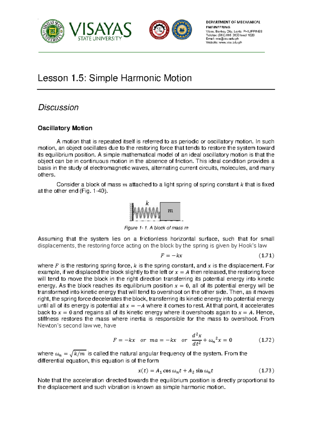 Lesson 1.5 Simple Harmonic Motion - Lesson 1: Simple Harmonic Motion Discussion Oscillatory ...
