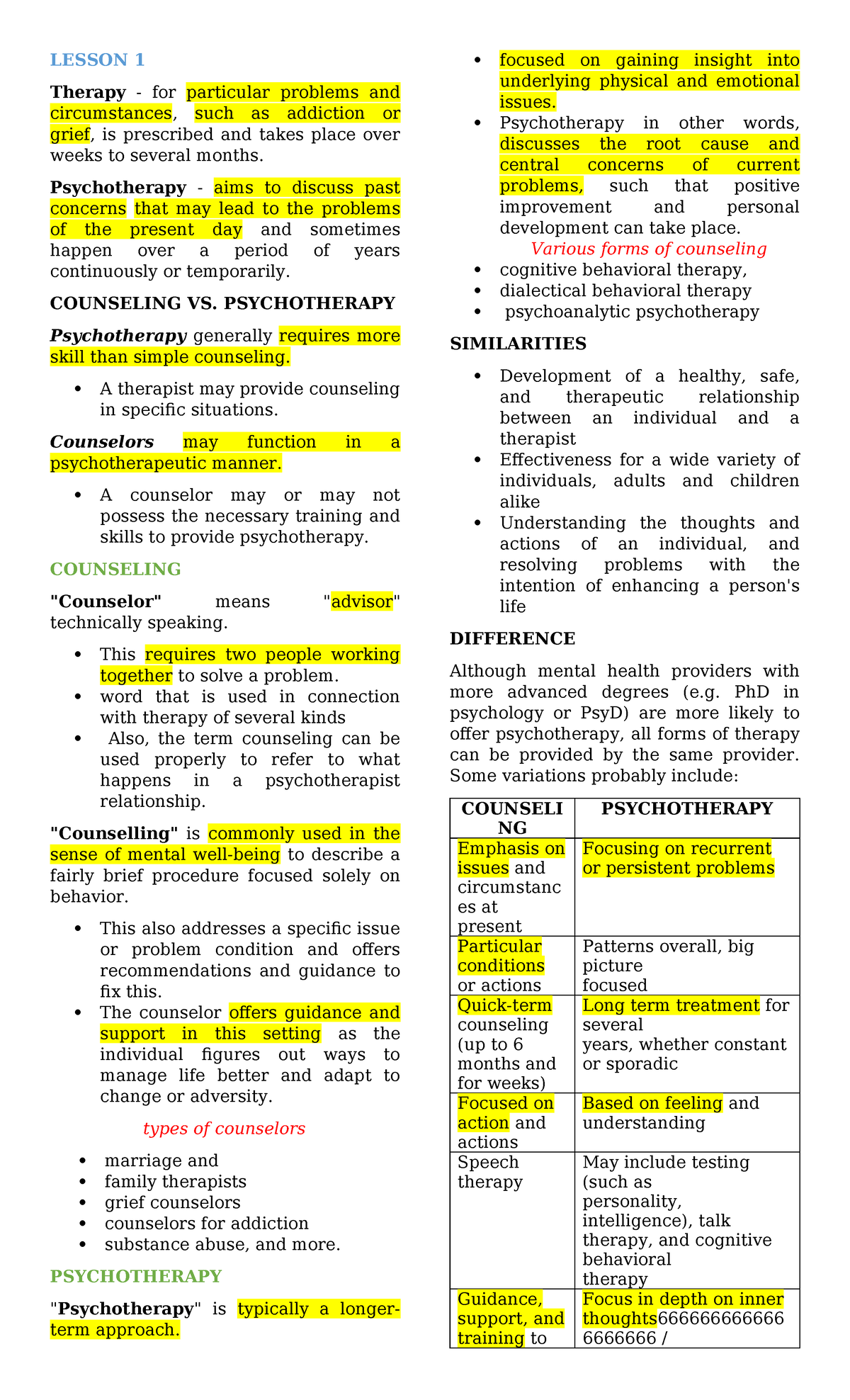 Counseling Reviewer - N/A - LESSON 1 Therapy - for particular problems ...